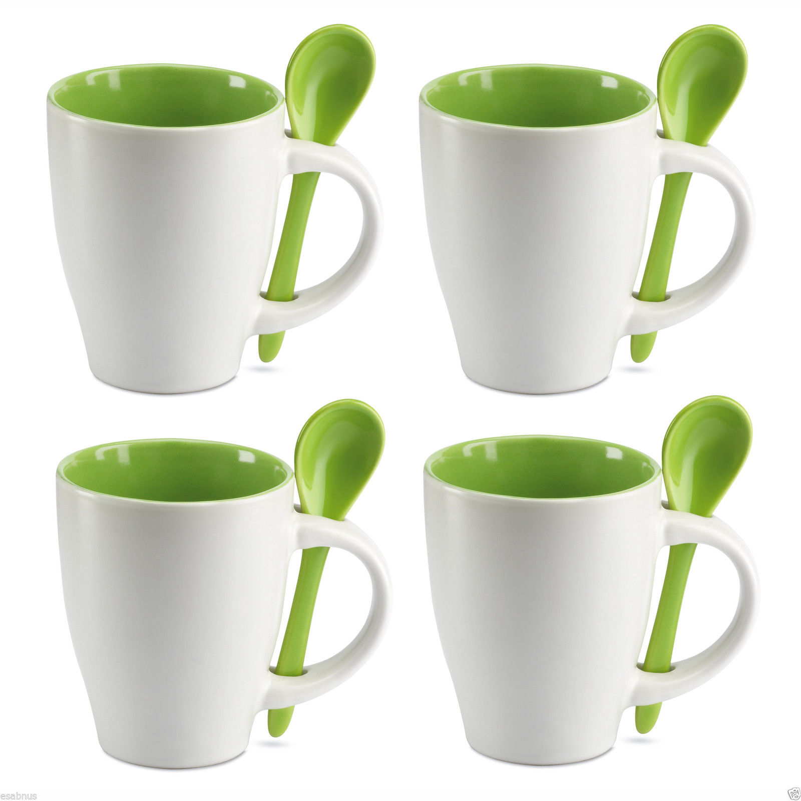 Set Of 4 250ml Bicolour Ceramic Coffee Mugs With Colour Matching Spoon