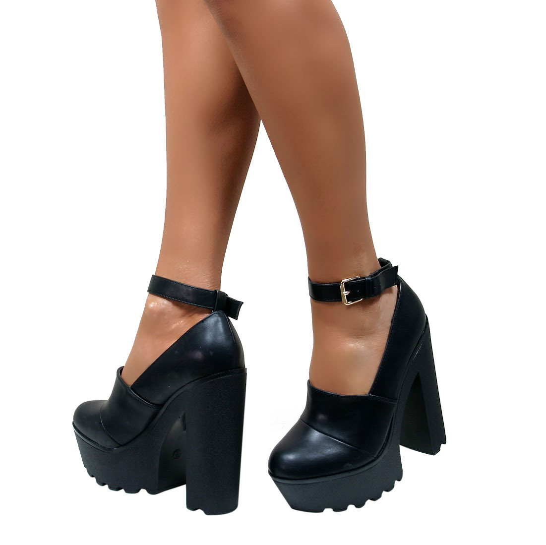 Womens Ladies Chunky Cleated Sole High Heel Platform Boots Shoes