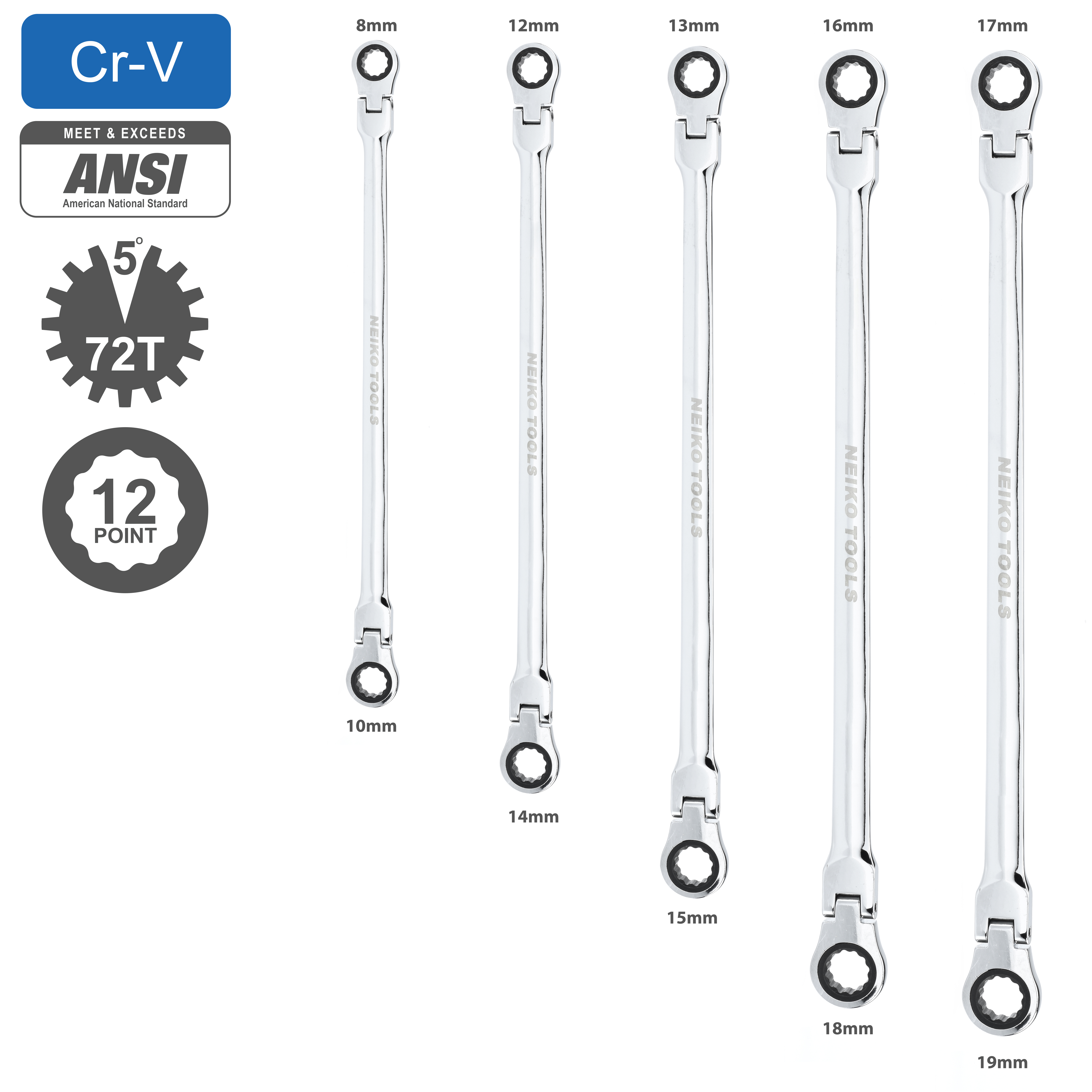Double Box End Ratcheting Wrench 5pc Metric Universal Spline Xl
