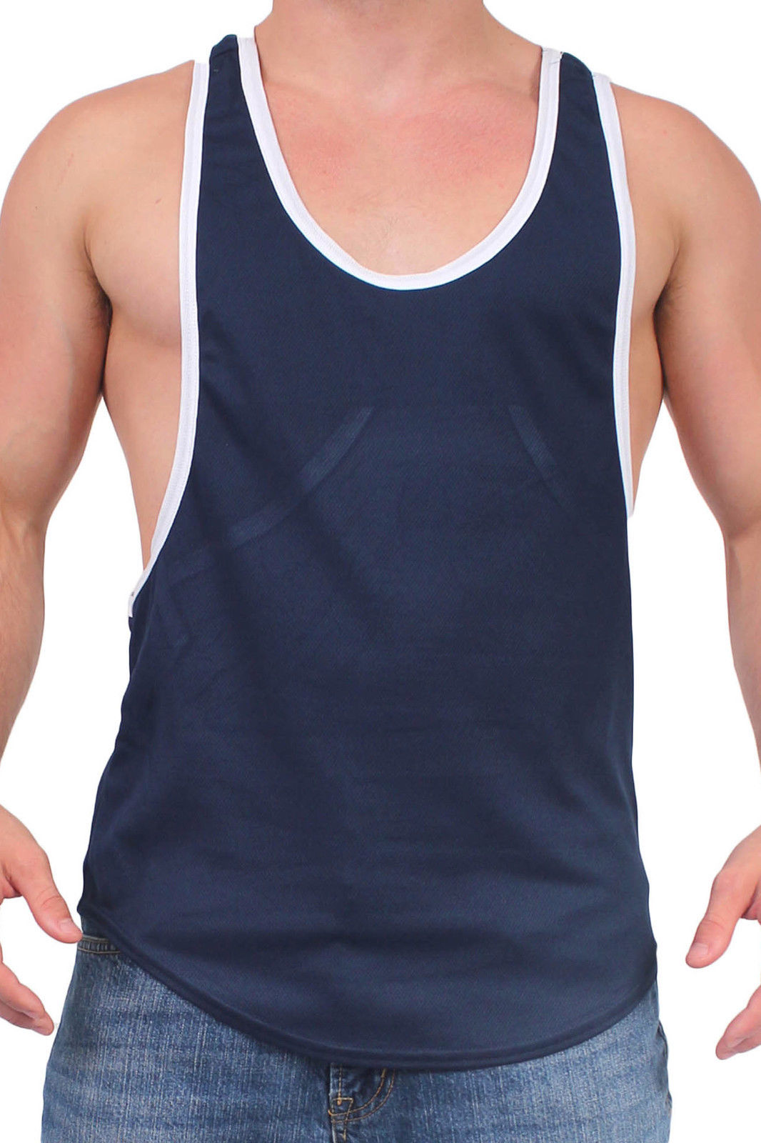 Mens Dri Fit Open Side Racerback Grey Tank Top Gym Workout Rib Ringer