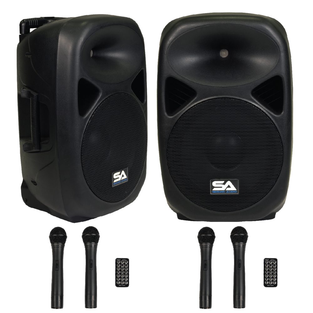 Pair Of Powered 15 Inch PA Speakers Rechargeable With 2 Mics Remote pair-of-powered-15-inch-pa-speakers-rechargeable-with-2-mics-remote