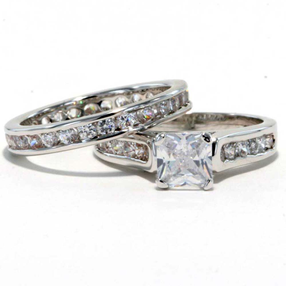 Rhodium Plated Princess Cz Cubic Zirconia Eternity Band Bridal Wedding