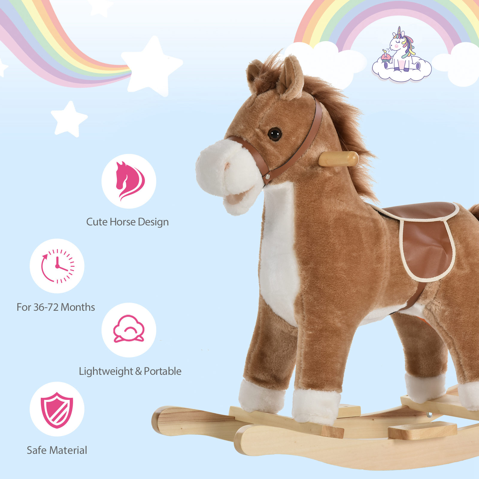 Kids Plush Ride On Rocking Horse with Realistic Sound Music Handle Grip ...
