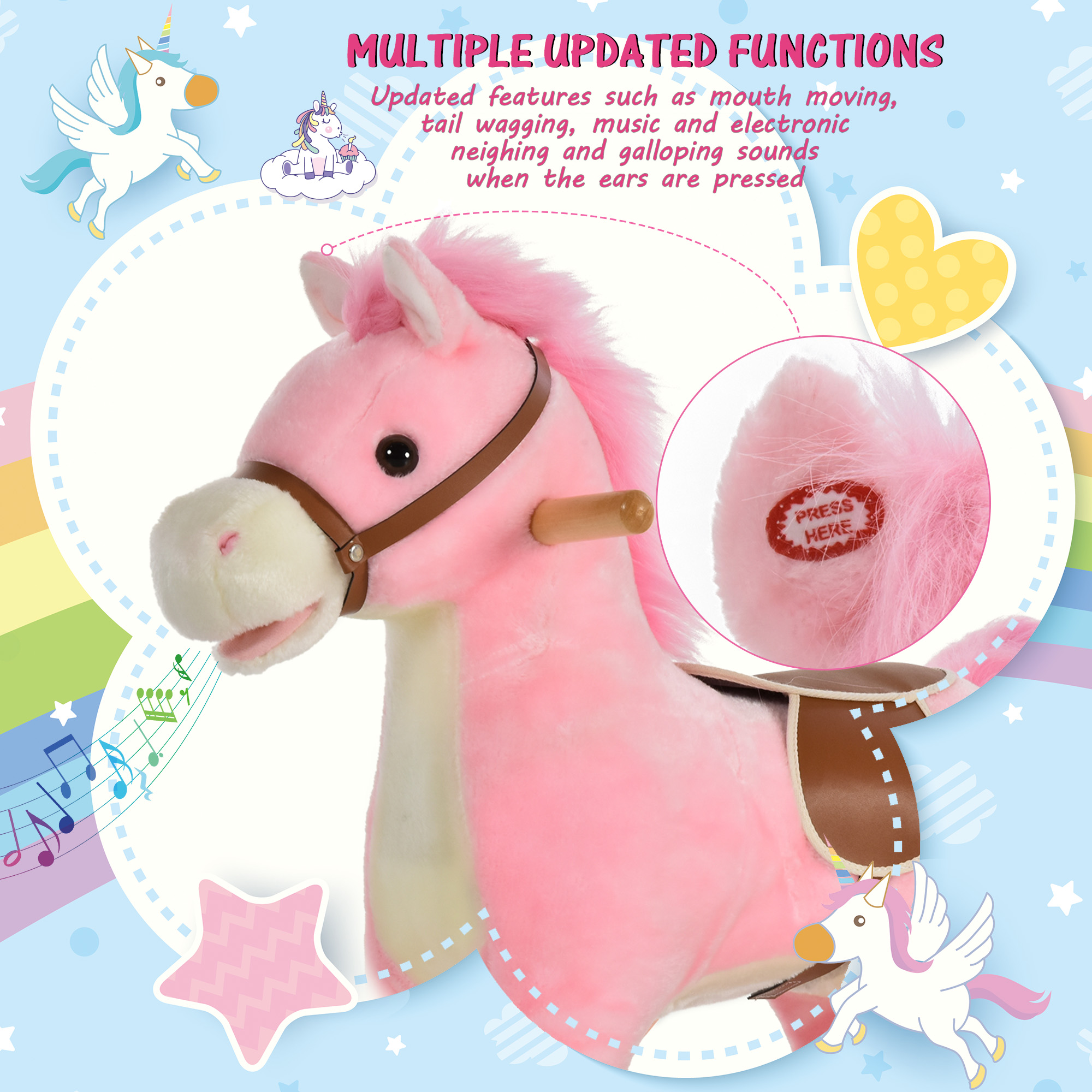 Kids Plush Ride On Rocking Horse with Realistic Sound Music Handle Grip ...