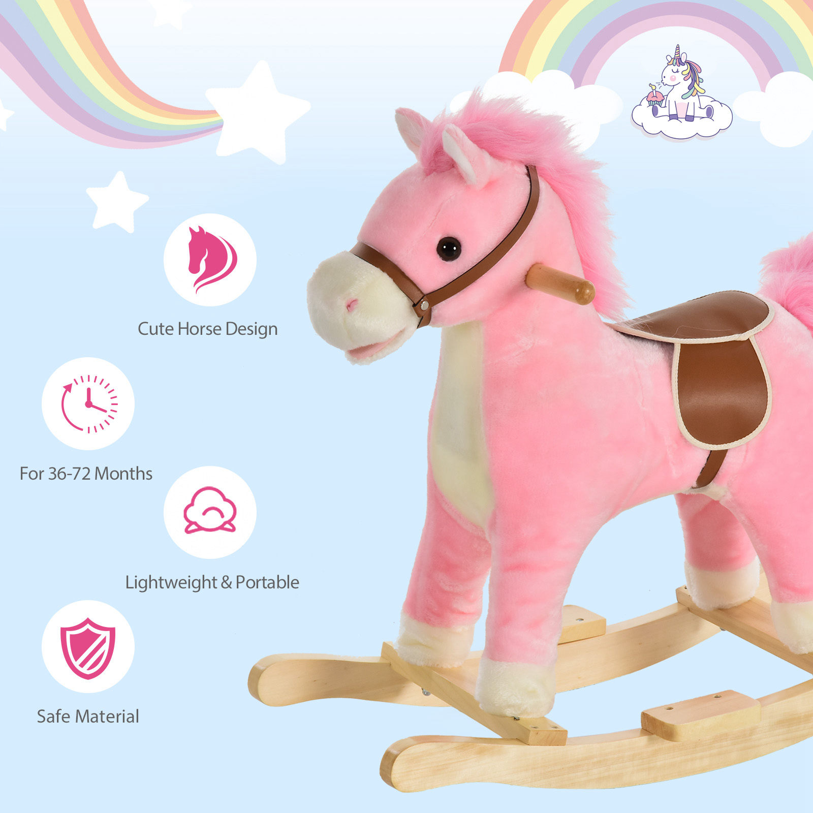 Kids Plush Ride On Rocking Horse with Realistic Sound Music Handle Grip ...