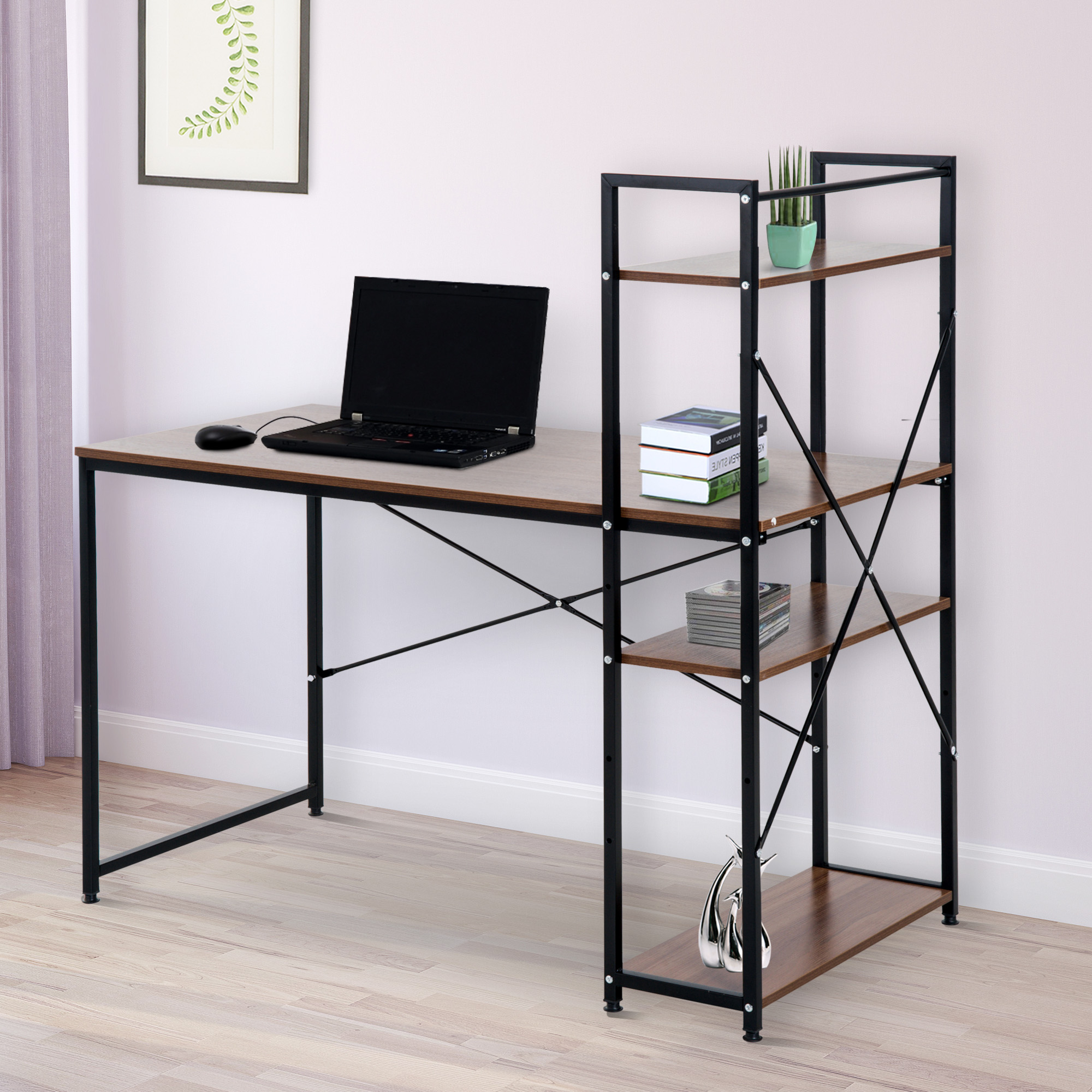 Computer Desk PC Workstation Laptop Table w/4-tier Open Bookshelf Home ...