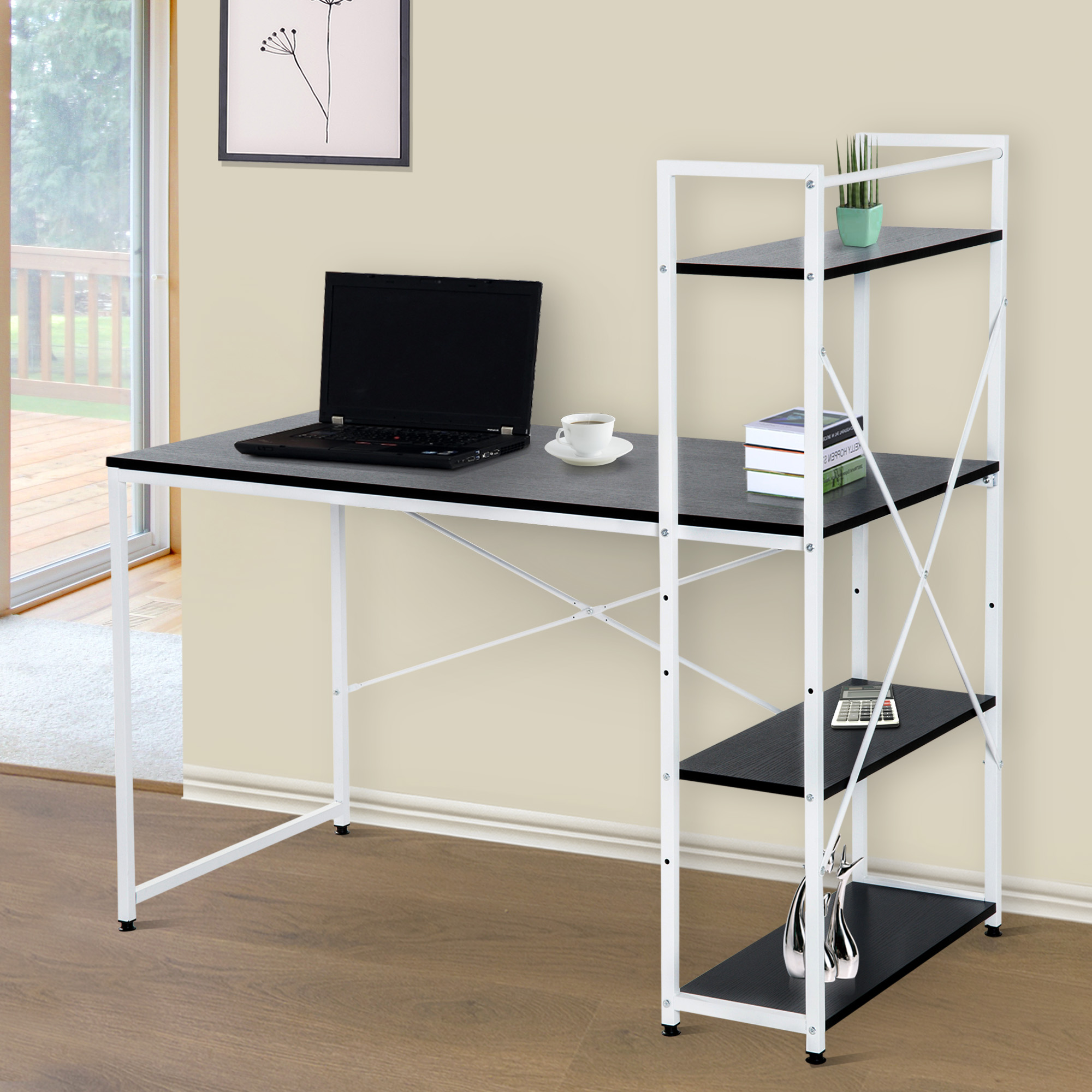 Computer Desk PC Workstation Laptop Table w/4-tier Open Bookshelf Home ...