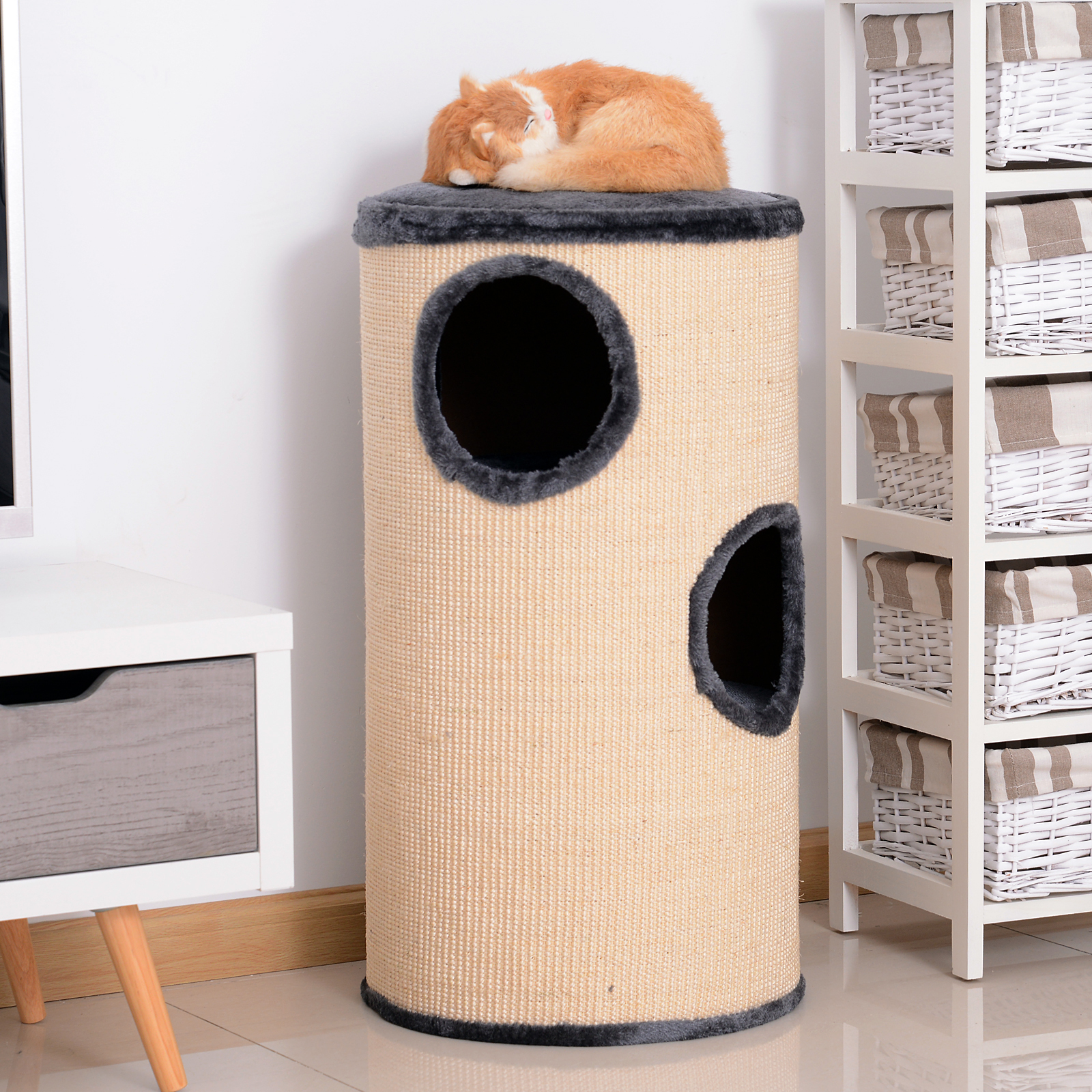 PawHut Cat Scratching Barrel Sisal Activity Center 3 Dens Observation ...