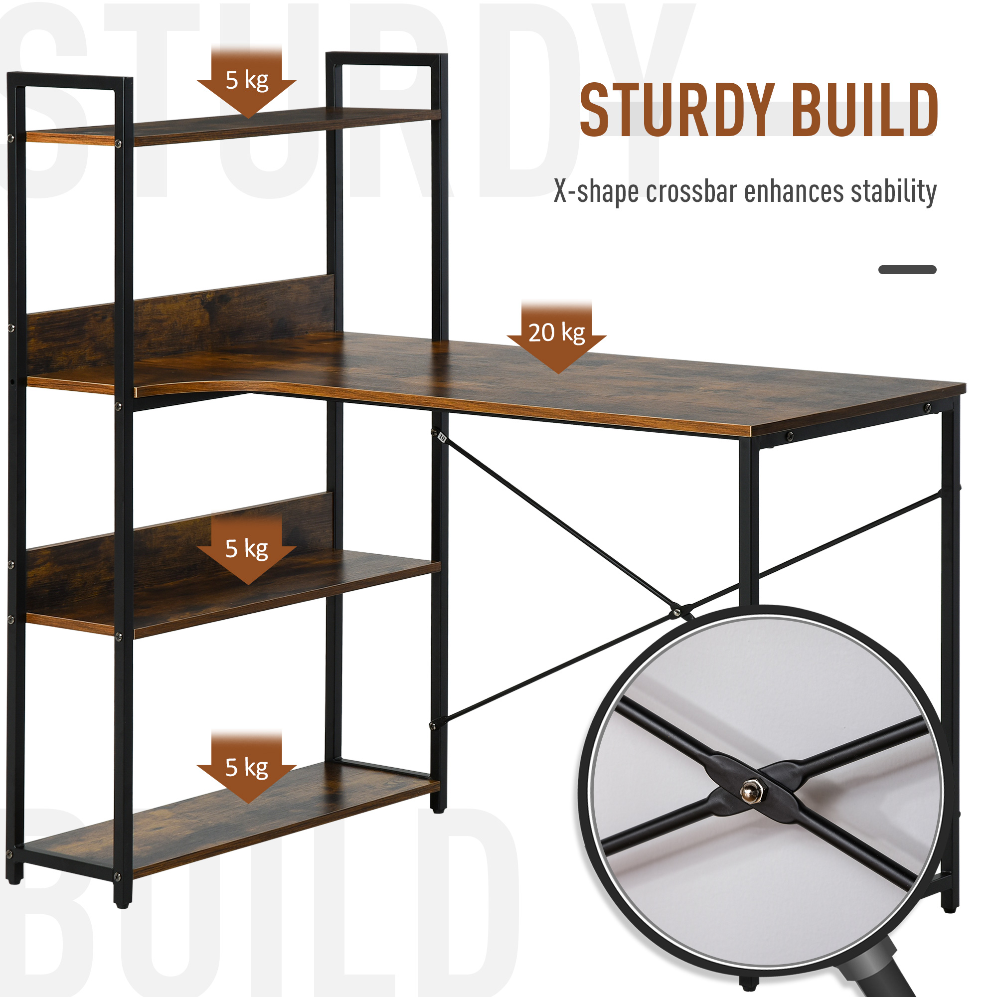 Industrial Computer Desk Home Office Table 4-Tier Storage Shelf Metal ...