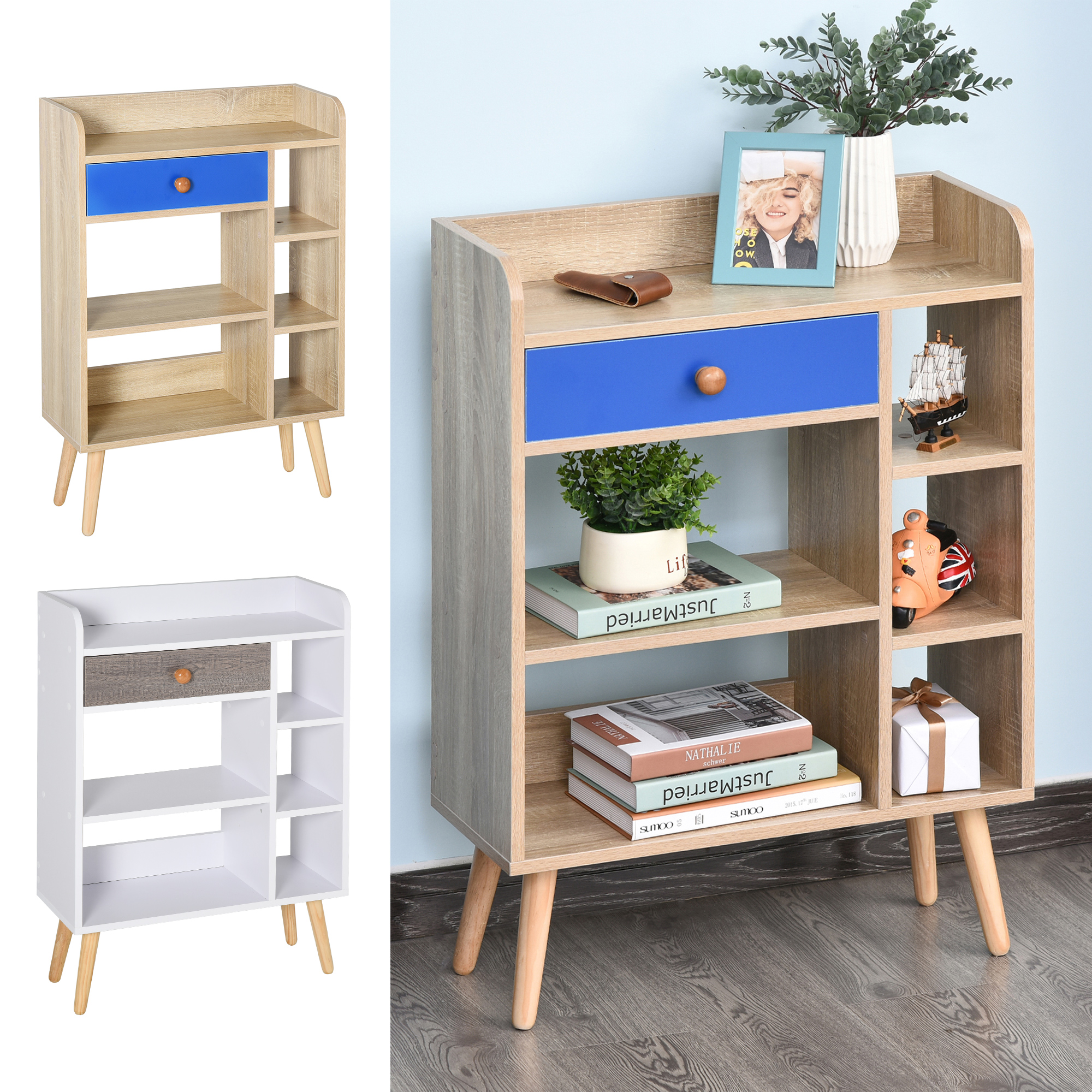Multi-Shelf Bookcase Freestanding Storage w/ Drawer Shelves Wood Legs ...