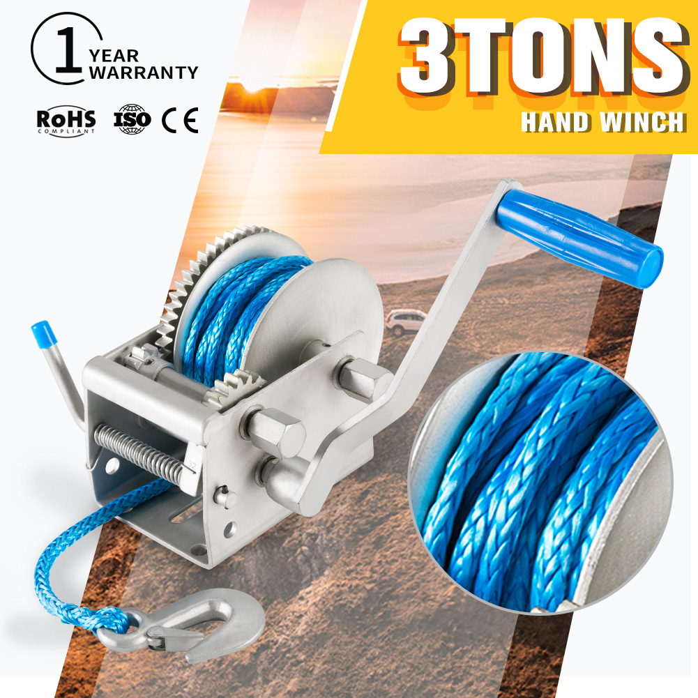 3Tons Hand Winch 3-Speed 10M x 7MM Dyneema Synthetic Rope Boat 4WD 4X4 ...