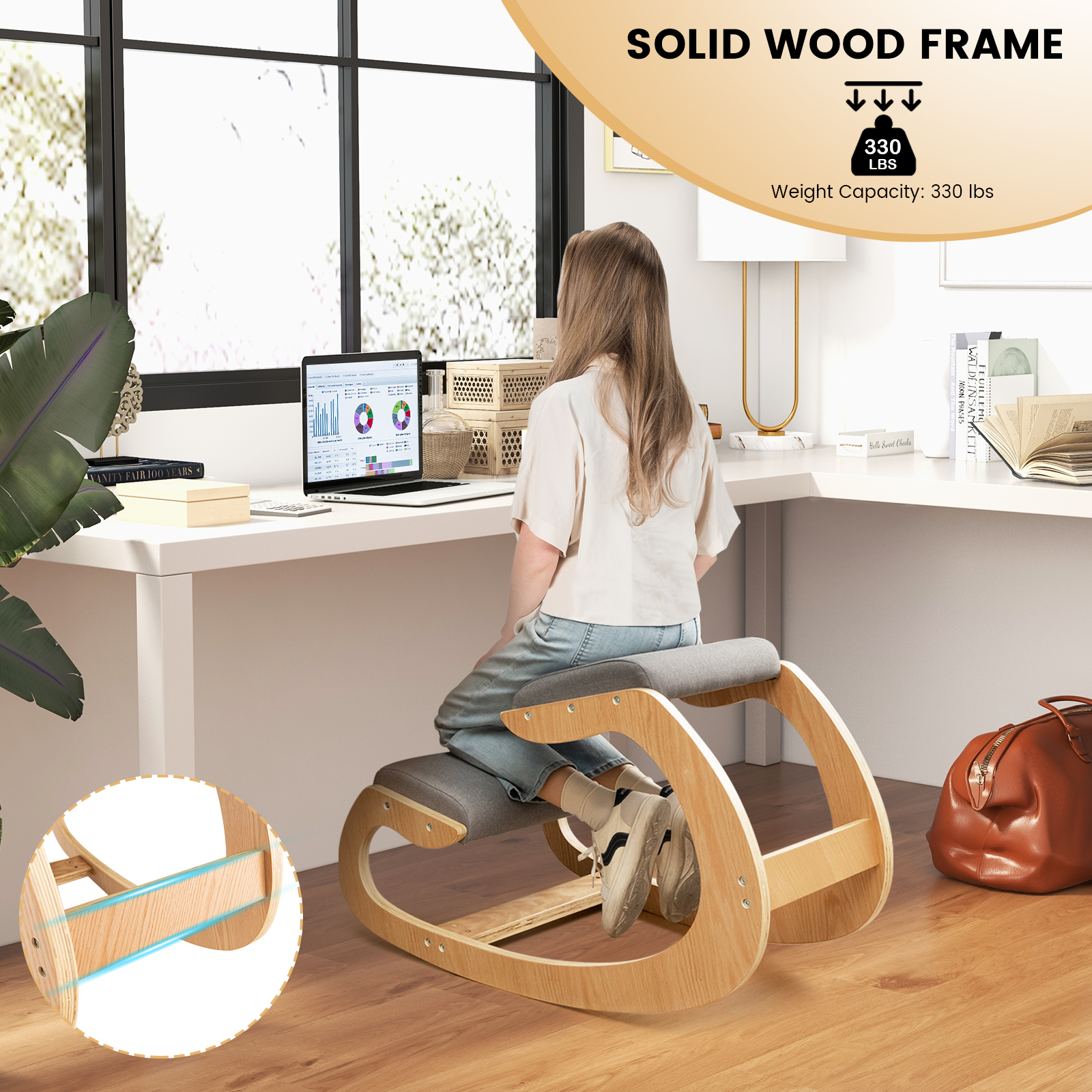 Ergonomic Kneeling Chair Wood Rocking Posture Stool w/ Cushion Back ...