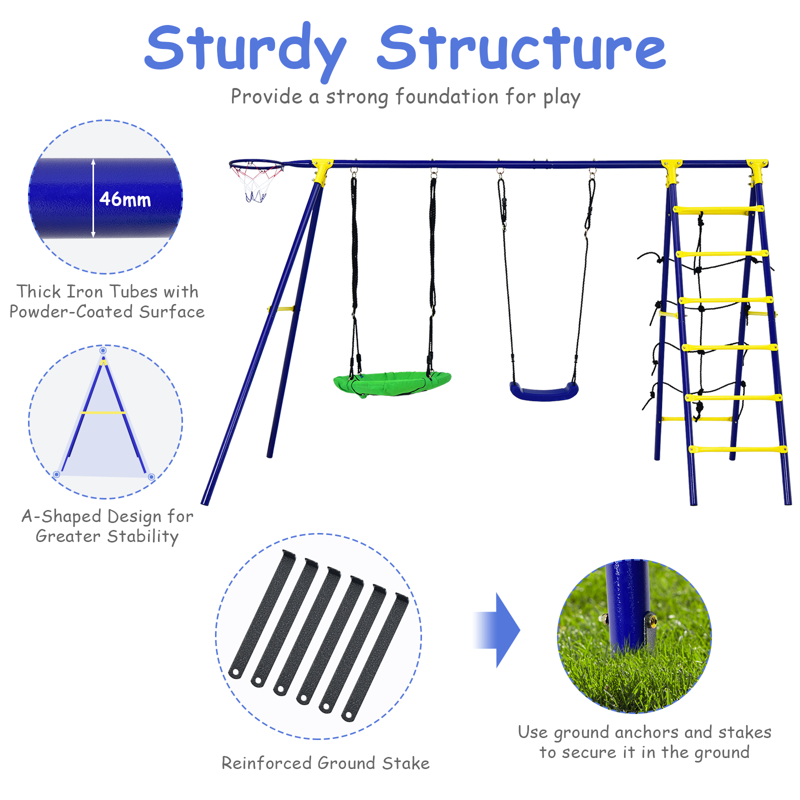 5-In-1 Outdoor Kids Swing Set W/ Heavy Duty Swing Frame & Ground Stakes ...