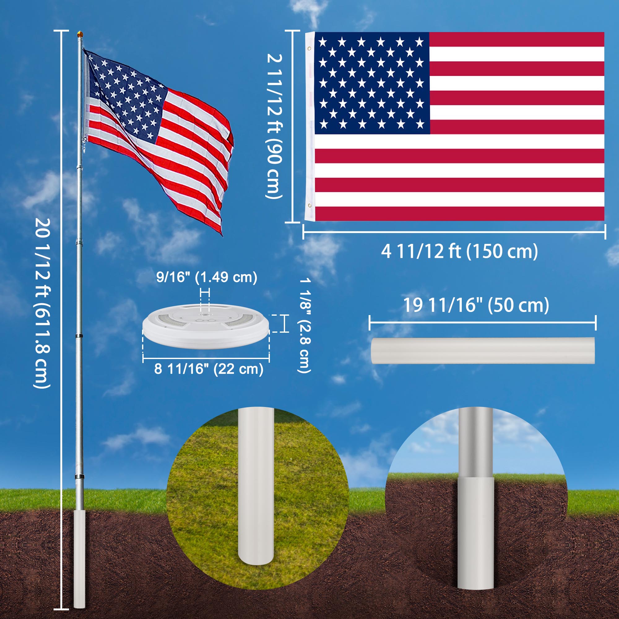 Yeshom Flag Pole Kit Heavy Duty Aluminum Flagpole US Flag & Ball Top ...
