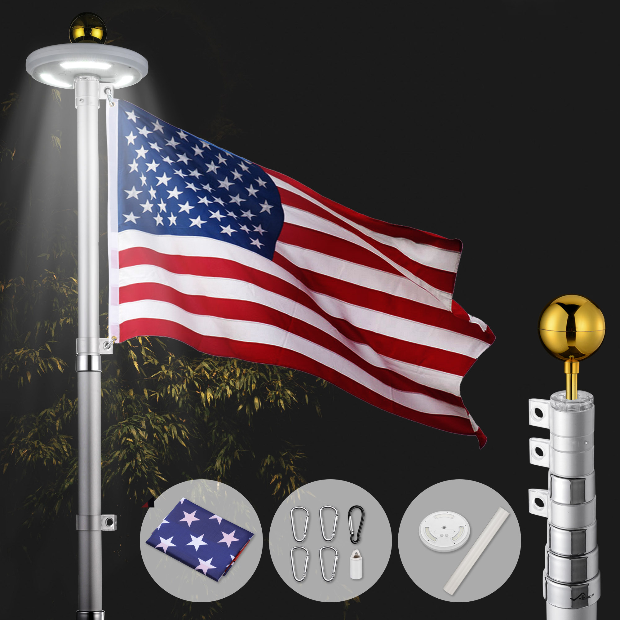 Yeshom Flag Pole Kit Heavy Duty Aluminum Flagpole US Flag & Ball Top ...