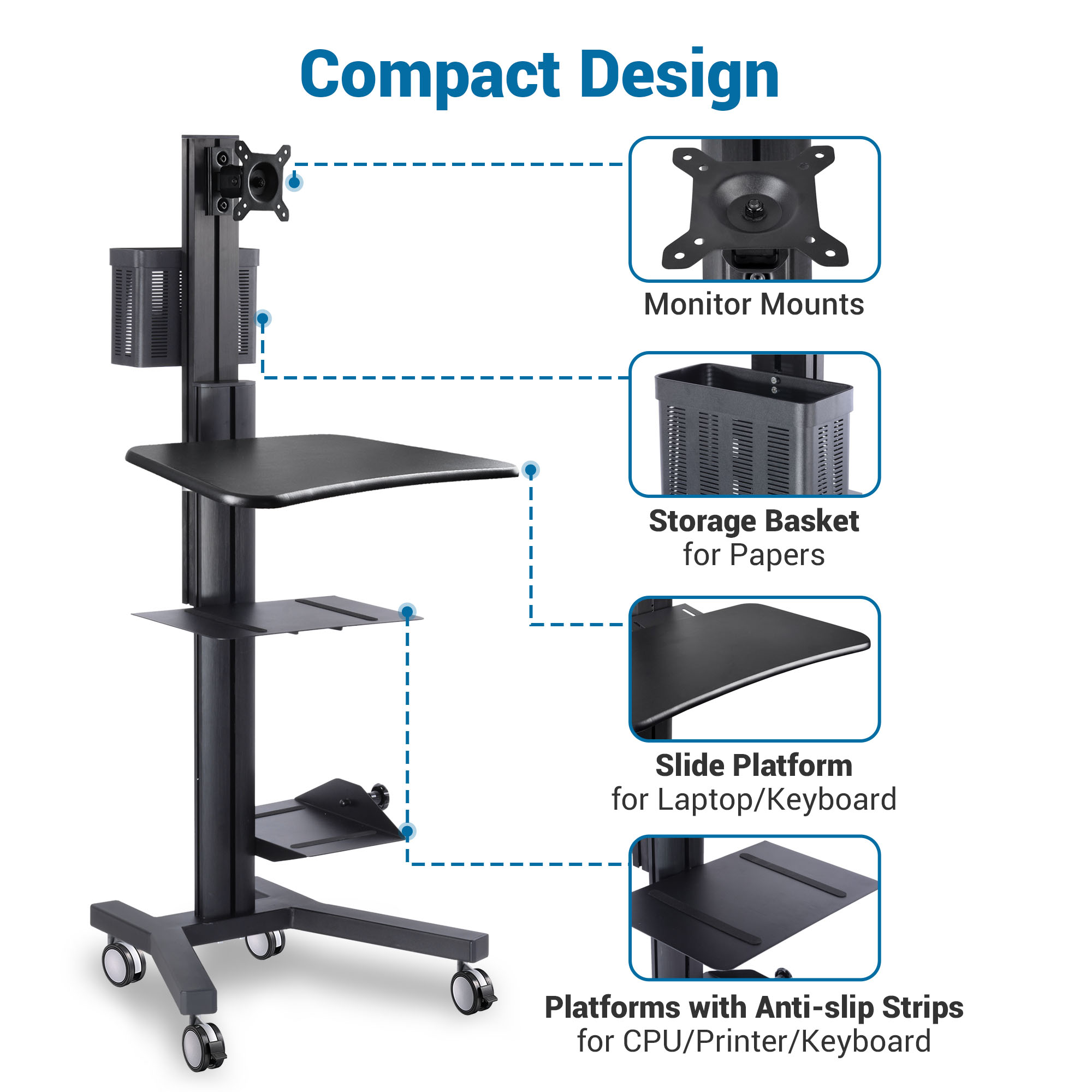 Mobile Desktop PC Cart Computer Monitor Stand Workstation Home Office ...