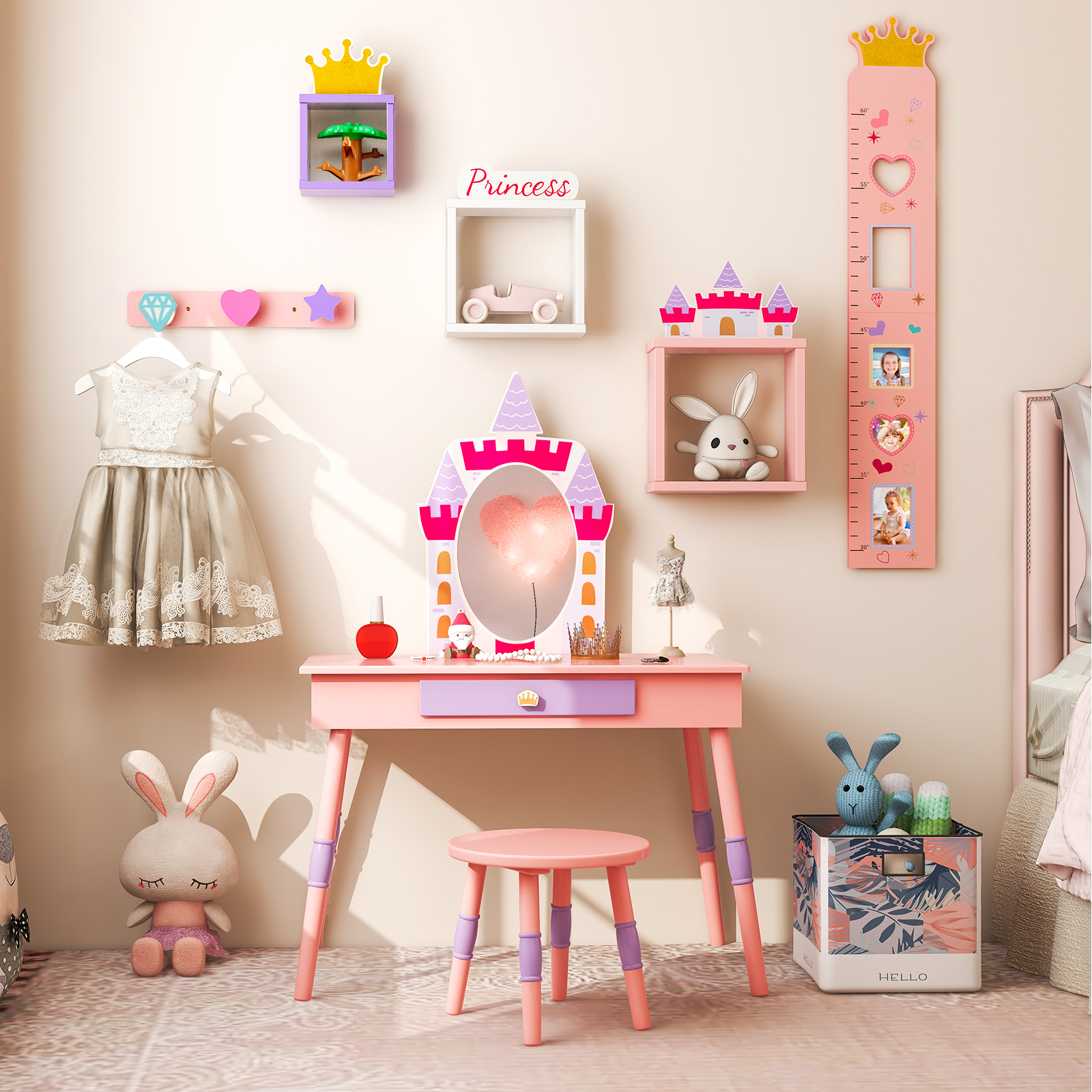 Kids Vanity Set Girls Princess Makeup Pretend Play Dressing Mirror ...