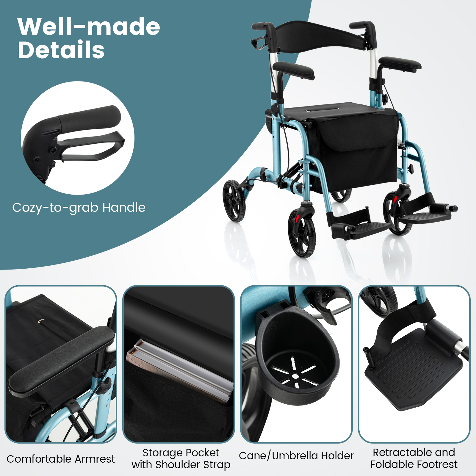 Folding Rollator Walker w/Seat & 8" Wheels Supports up to 300 lbs | eBay
