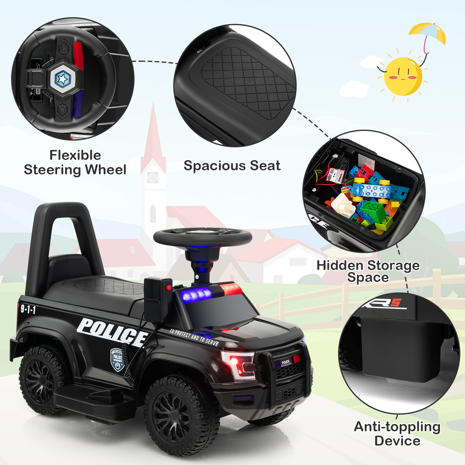 Kids Ride On Police Car 6V Battery Powered Electric Toy Vehicle w/Real ...