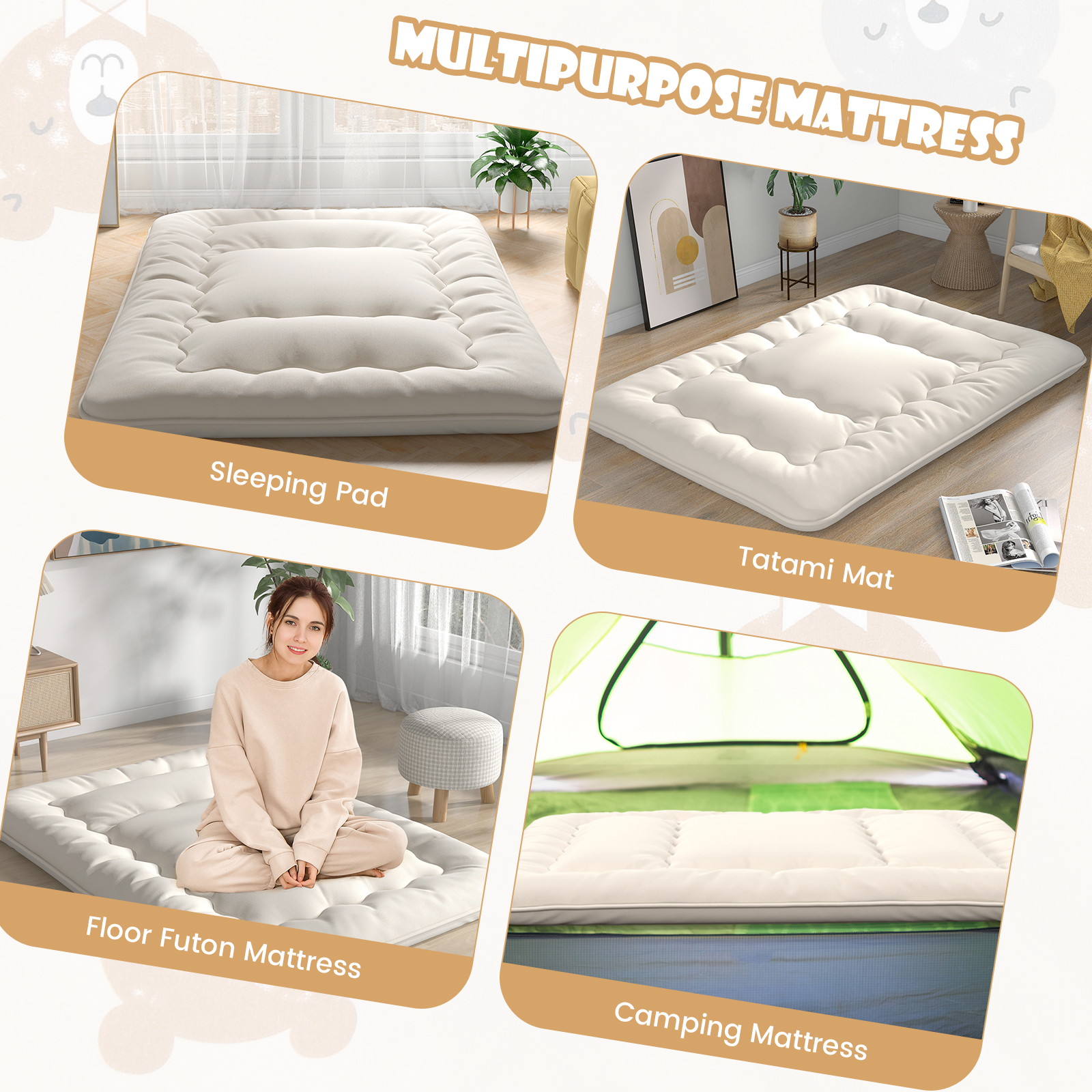 Futon Mattress Japanese Portable Floor Roll Up Tatami Mat Twin Full ...