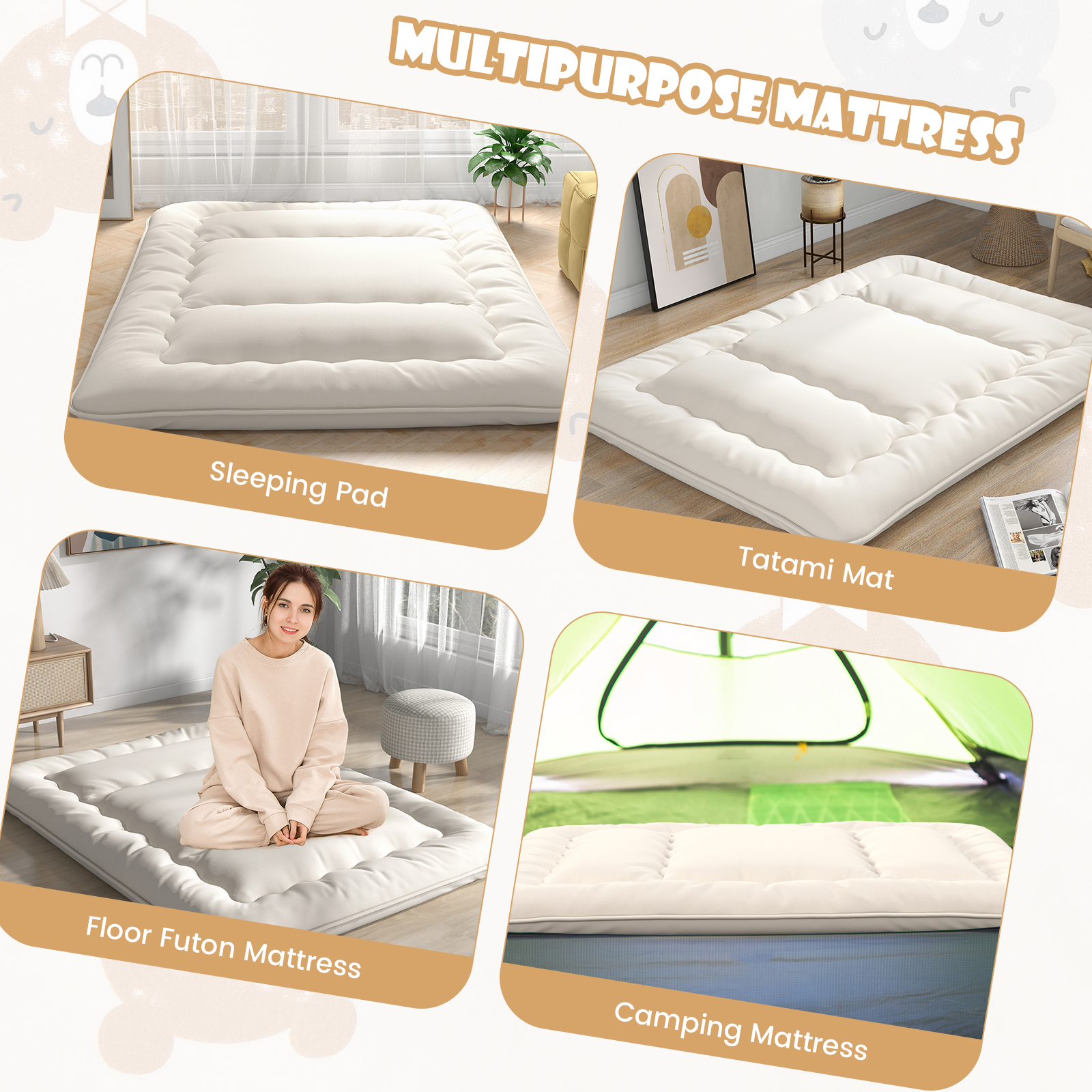 Futon Mattress Japanese Portable Floor Roll Up Tatami Mat Twin Full ...