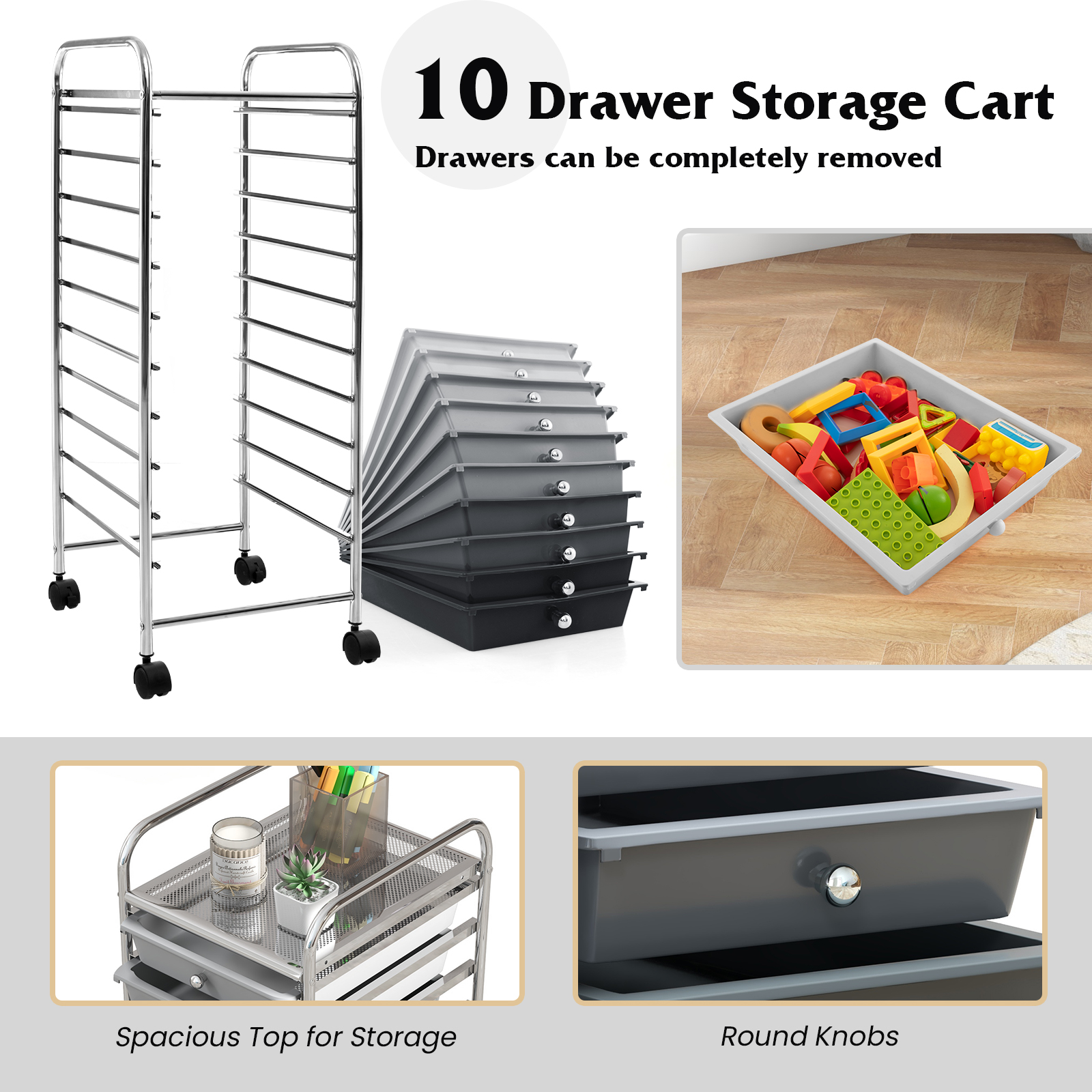 10-Drawer Rolling Storage Cart Lockable Casters Versatile Trolley Cart ...