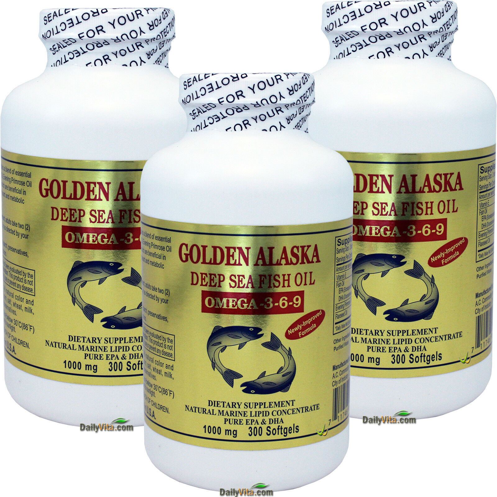 3x Golden Alaska Deep Sea Fish Oil Omega-3-6-9 1000mg 300 SG DHA EPA ...