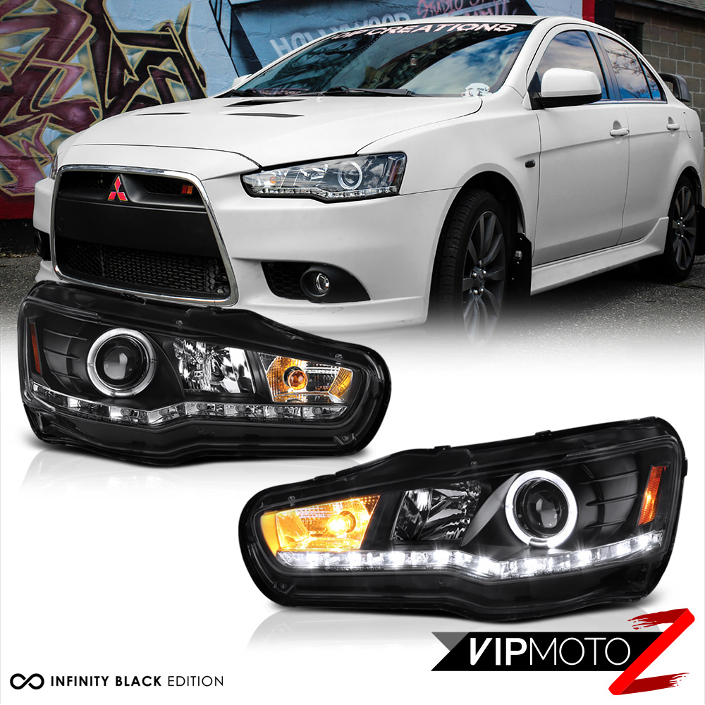 Mitsubishi 08-15 Lancer Evo X Black DRL Halo LED Projector Headlights ...