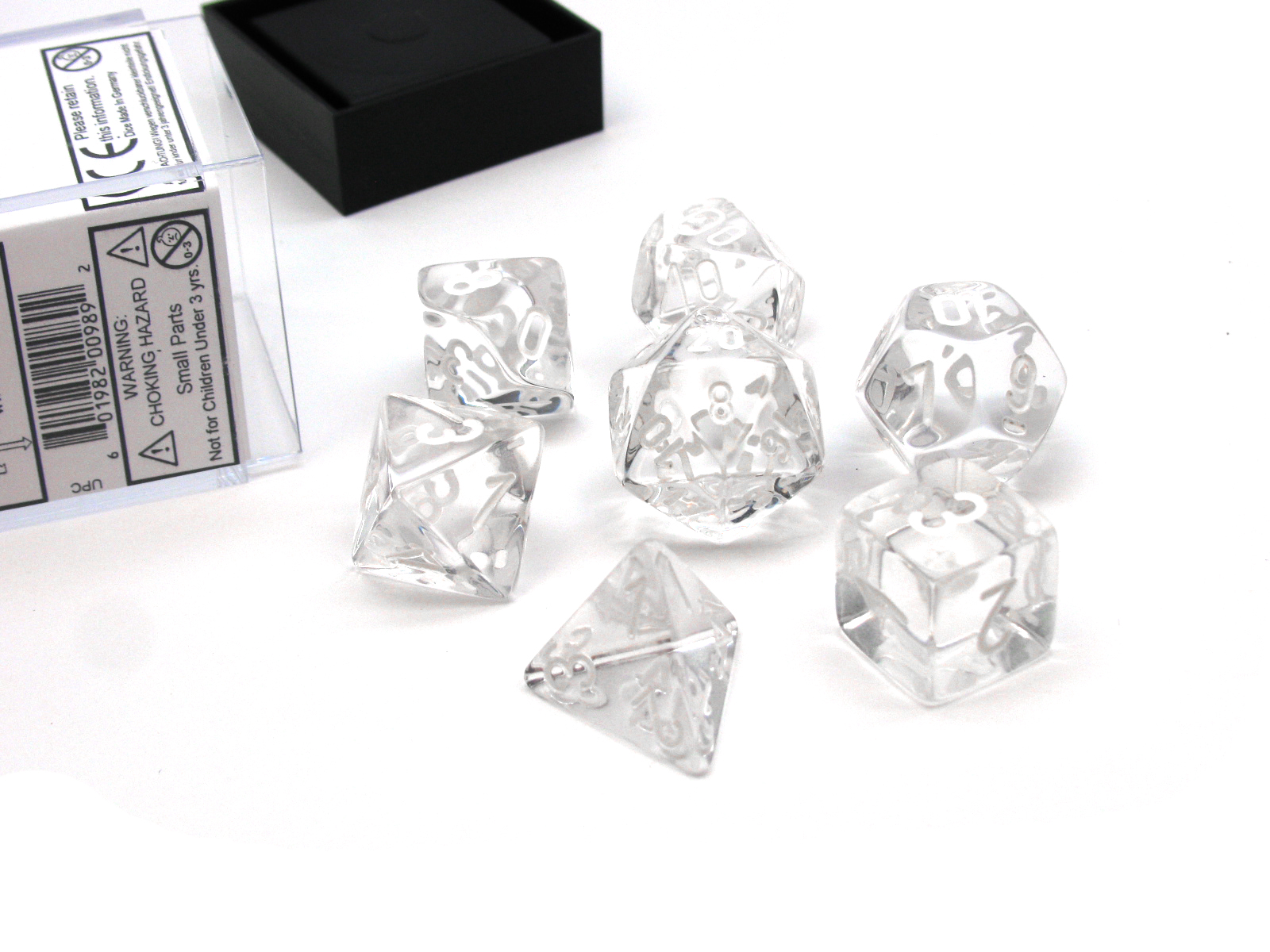 Polyhedral 7 Die Translucent Chessex Dice Set Clear With White Numbers Ebay
