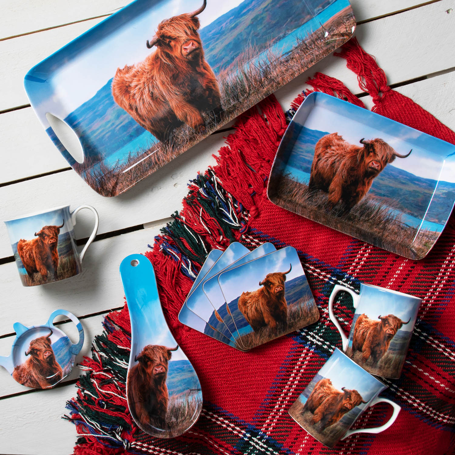 Highland Cow Dinner Serving Tray Tea Coffee Mugs Drinks Coasters Table ...
