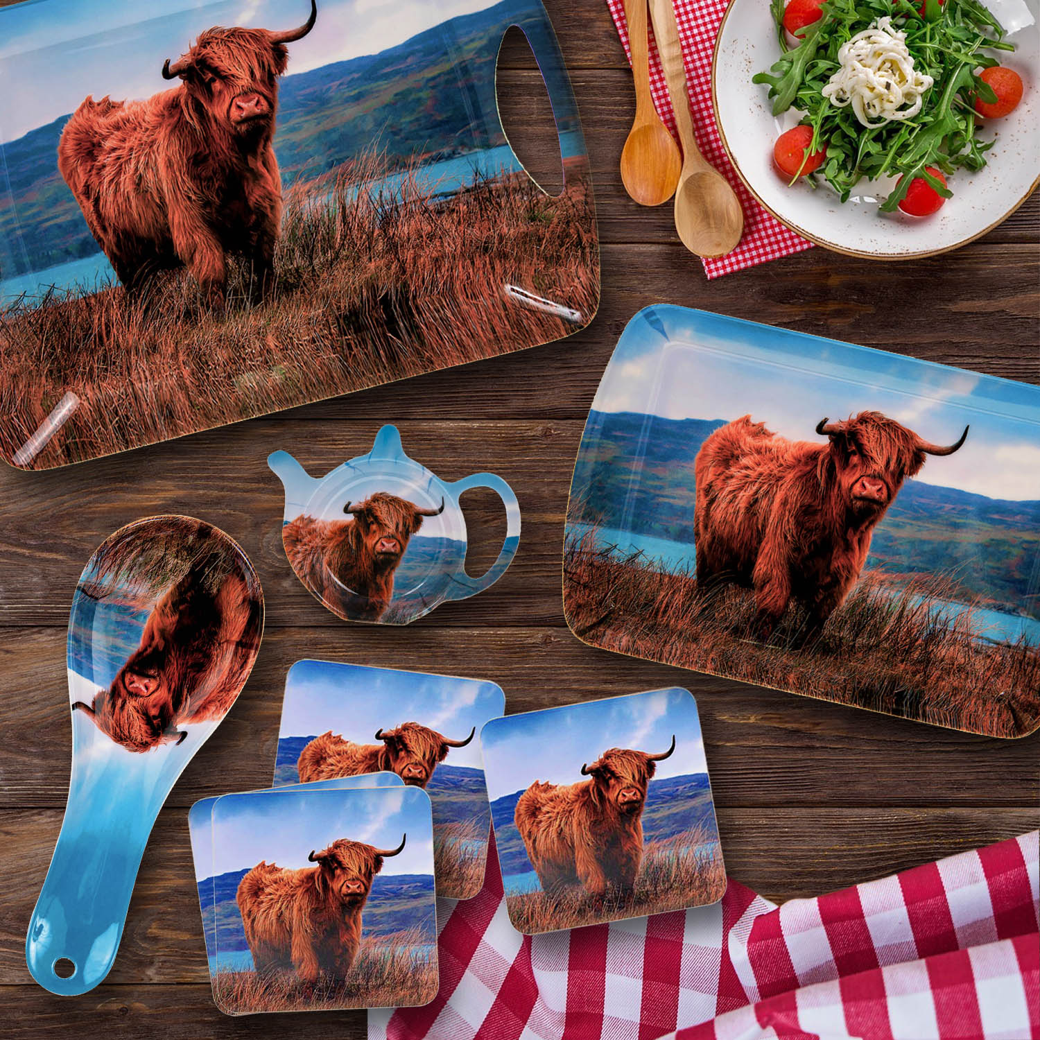 Highland Cow Dinner Serving Tray Tea Coffee Mugs Drinks Coasters Table ...