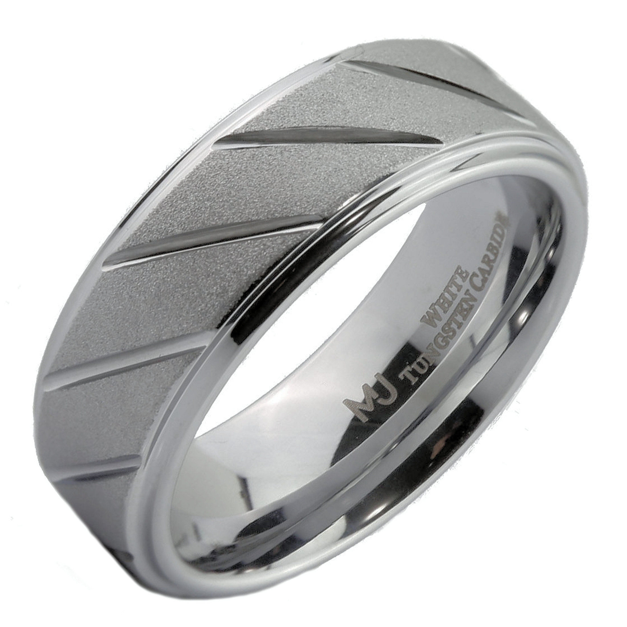 White Tungsten Carbide Band 6mm or 8mm Sand Blasted with Diagonal Lines ...