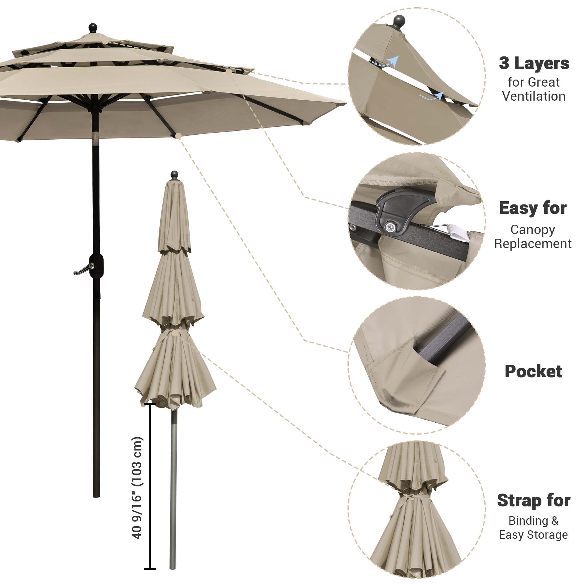 36 types of 3-Tier Patio Umbrella Crank Handle Push to Tilt Aluminum ...
