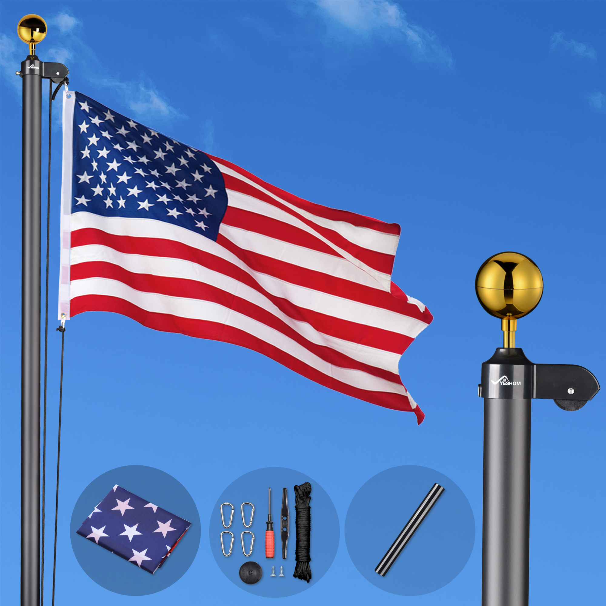 20/25/30 Ft Aluminum Flag Pole Sectional /Telescopic Flagpole Kit U.S ...