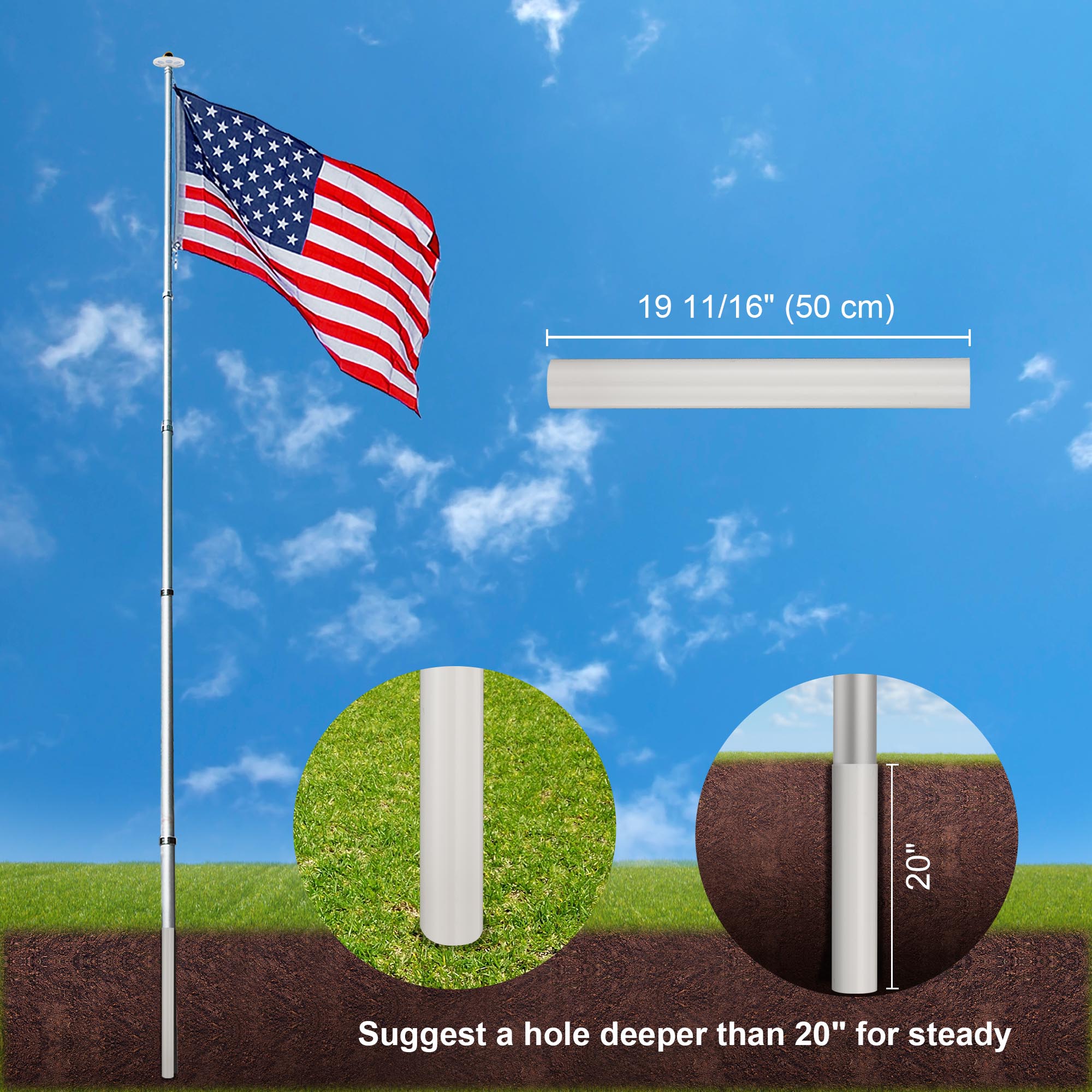Yeshom Flag Pole Kit Heavy Duty Aluminum Flagpole US Flag & Ball Top ...