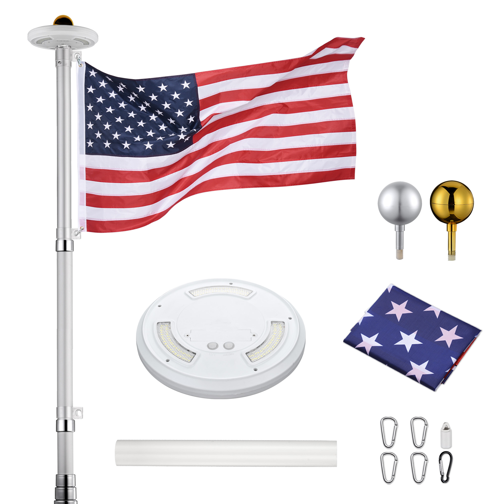Yescom Flag Pole Kit Heavy Duty Aluminum Flagpole US Flag+Ball Top LED ...