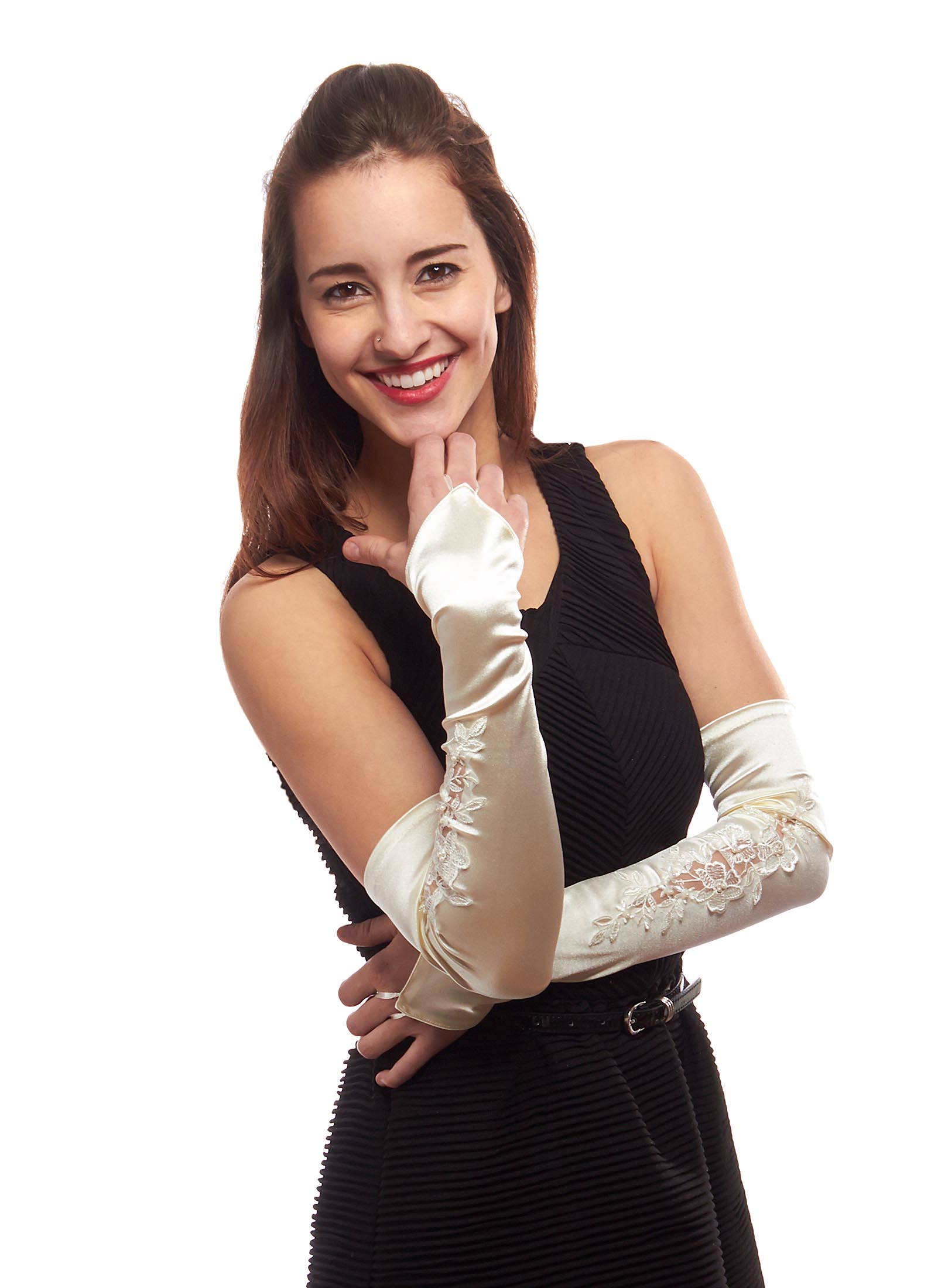 Budding Blossom Satin Fingerless Opera Length Gloves with Embroidery