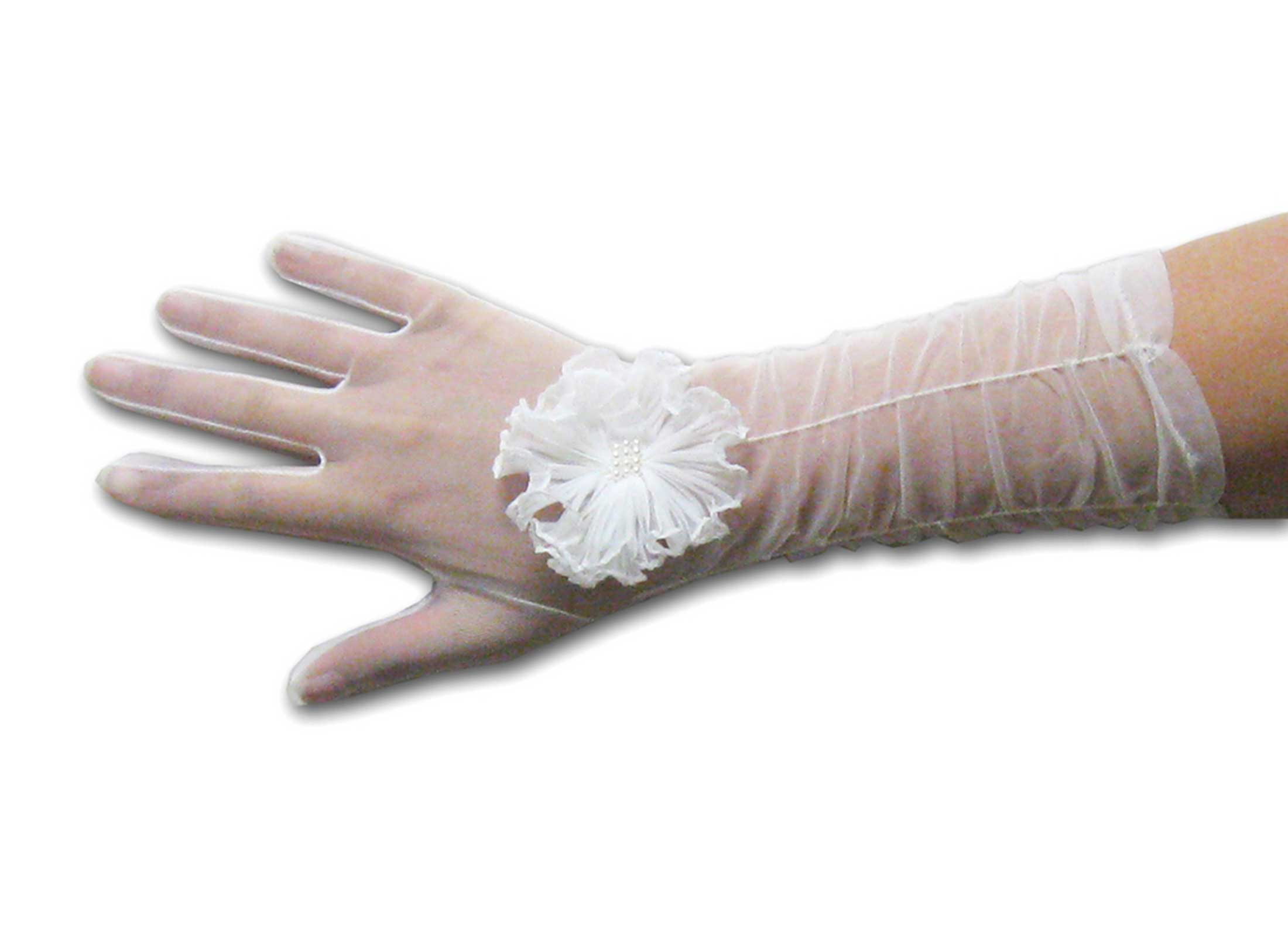 Matte Sheer Nylon Tricot Long Glove with Shirring, Ruffle and Flowers