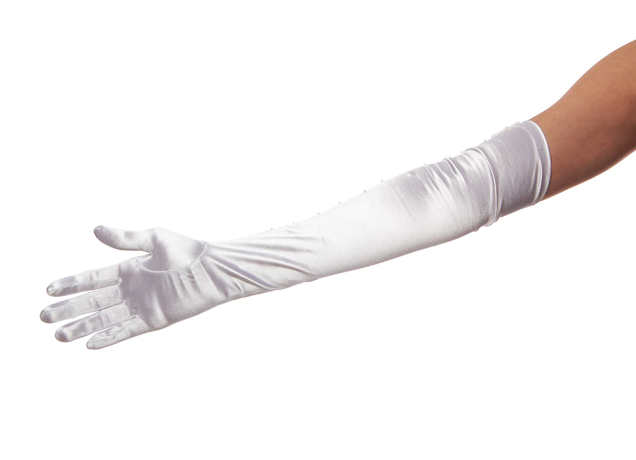 White Shiny Satin Gloves, 14-Button Length, All-Over Beads at the Cuff