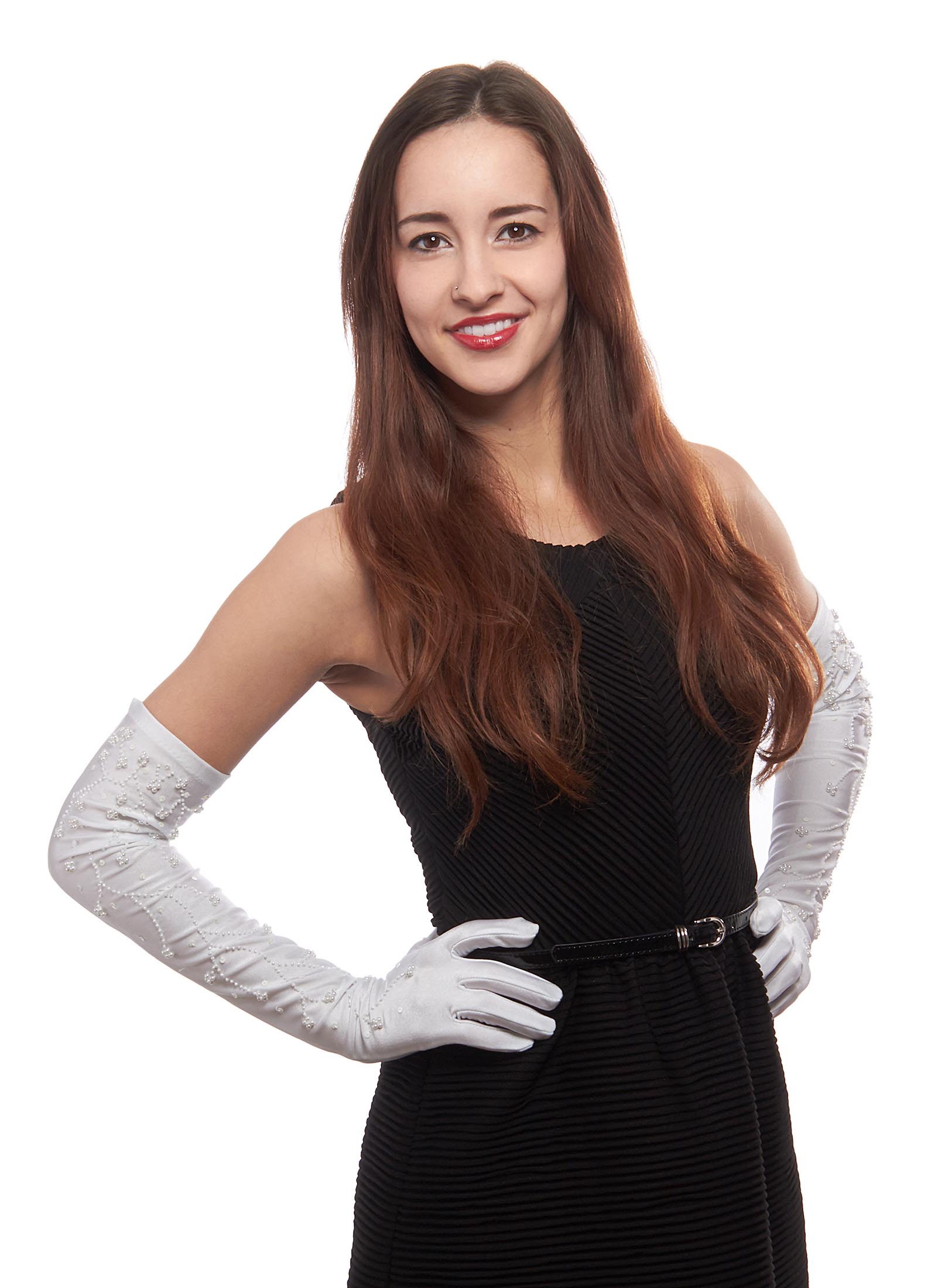 Mirror Mirror Satin Opera Length Gloves with Beads and Sequins