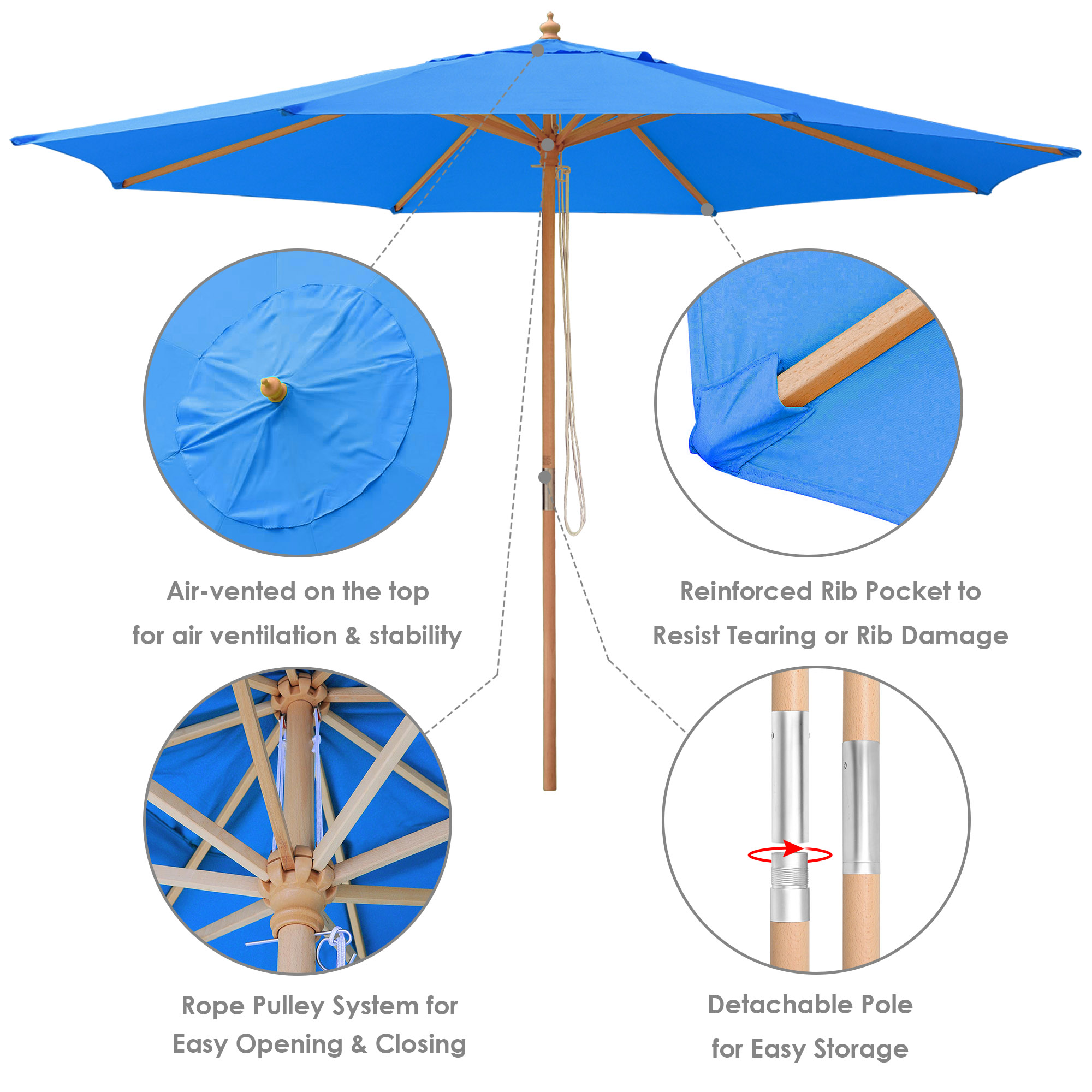 9ft 13ft Patio Wooden Umbrella Sunshade Wood Pole UV Resist Outdoor ...