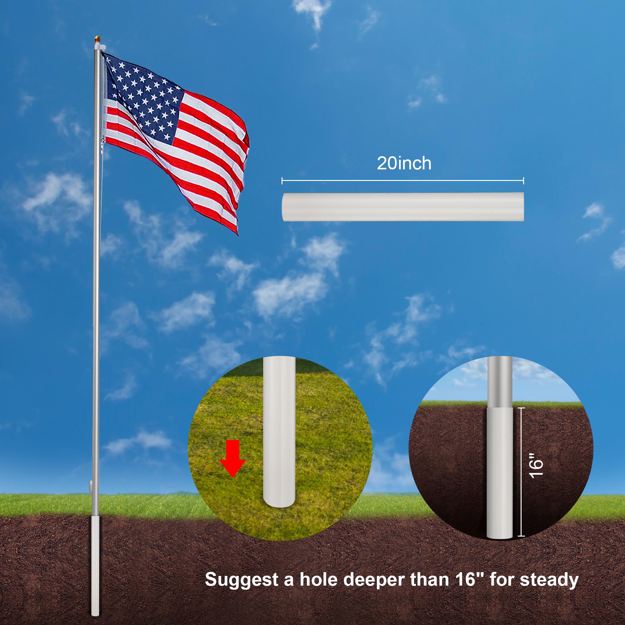 20' 25' FT Flag Pole Aluminum Flagpole Kit 3x5' American US Flag Fly ...