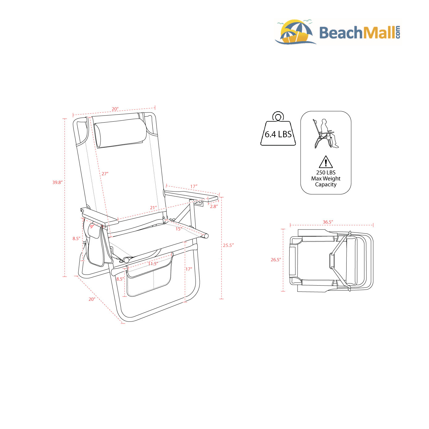 17 Inches High Off Ground 4 Reclining Position Tall Beach Chair for ...