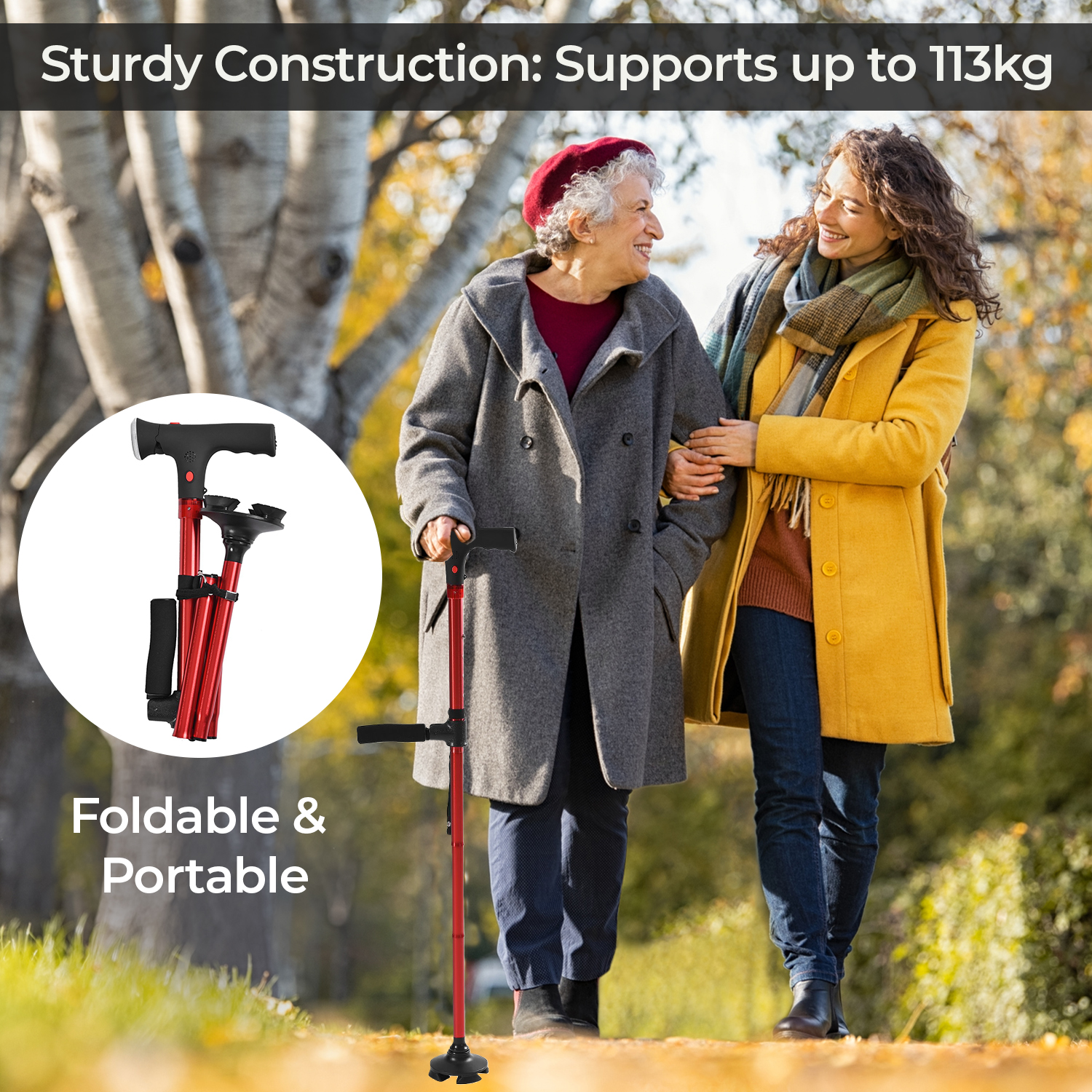 Folding Cane Walking Stick with LED Light, SOS Alarm, 2 Handle & Anti ...