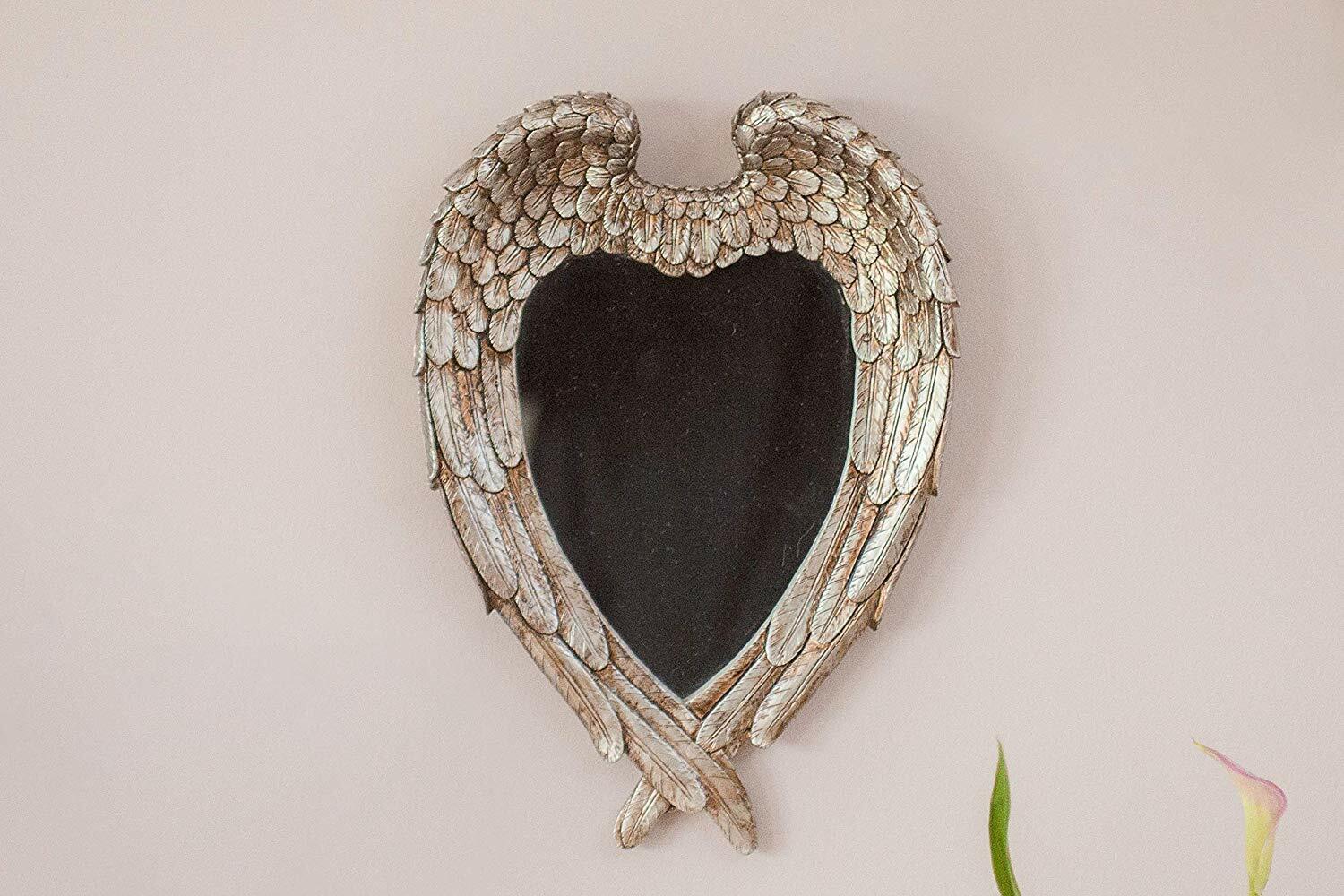 Distressed Silver Mirror Feathered Angel Wings Round Heart Home Decor ...