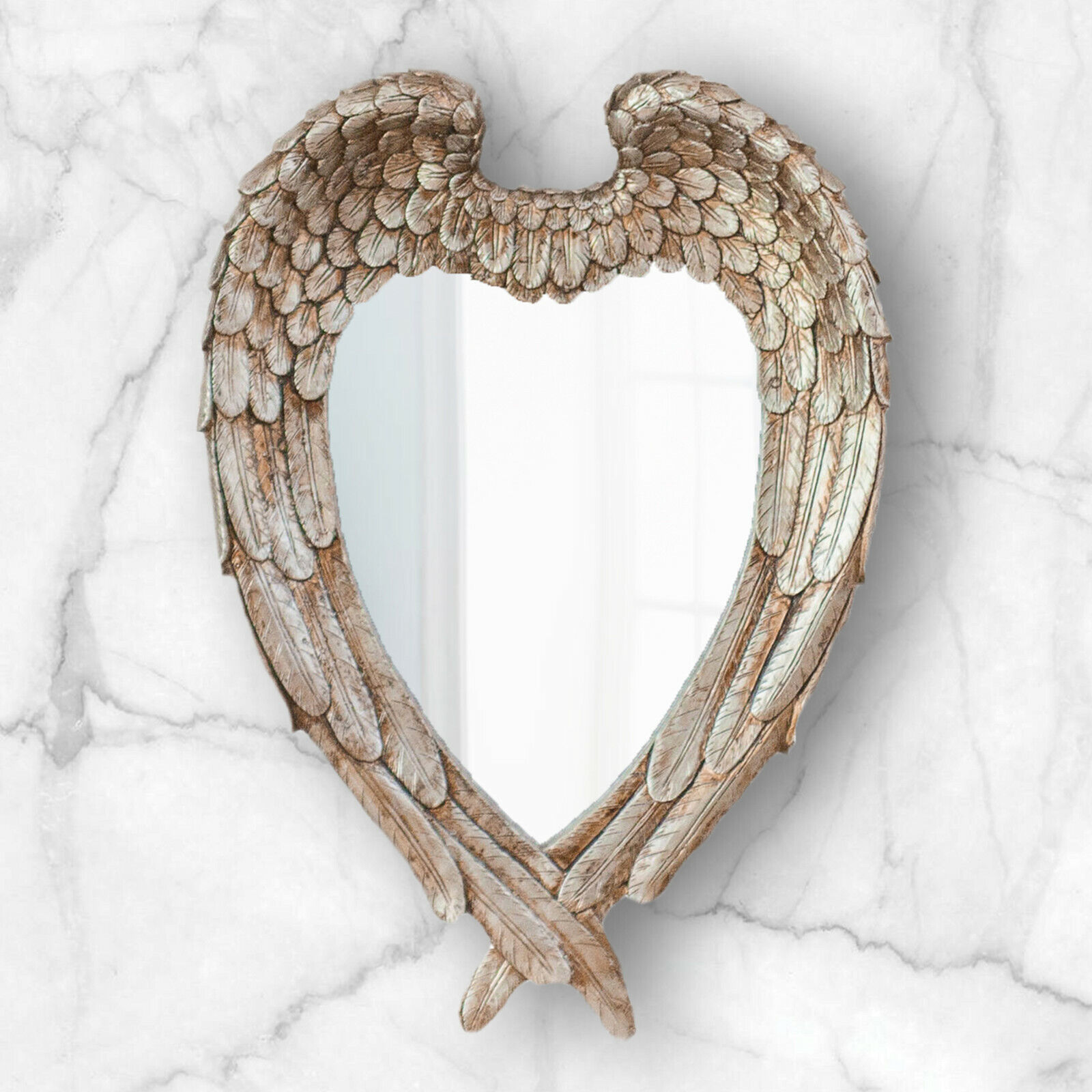 Distressed Silver Mirror Feathered Angel Wings Round Heart Home Decor ...