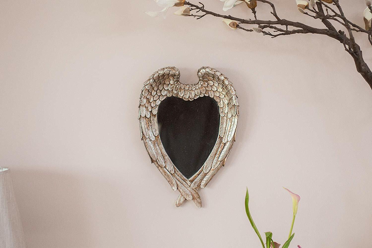 Distressed Silver Mirror Feathered Angel Wings Round Heart Home Decor ...
