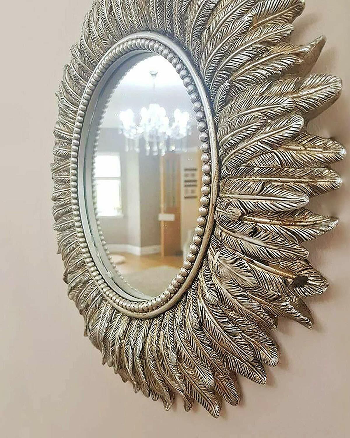 Distressed Silver Mirror Feathered Angel Wings Round Heart Home Decor ...
