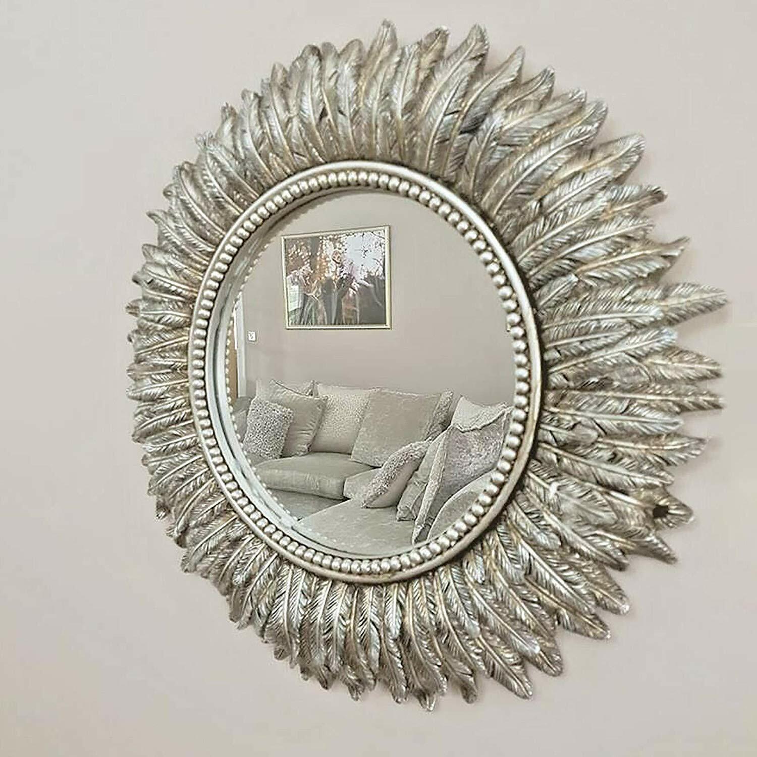 Distressed Silver Mirror Feathered Angel Wings Round Heart Home Decor ...