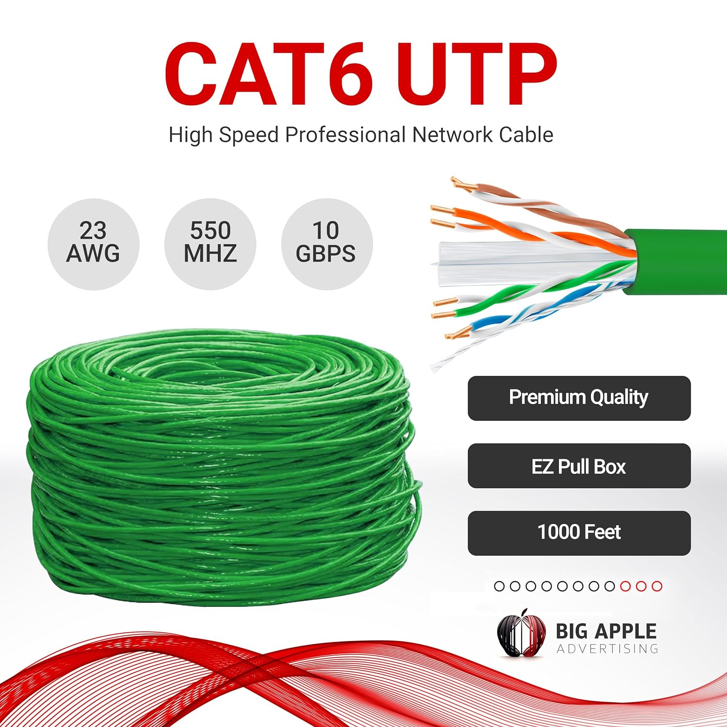 Cat6 Cable 1000ft 23AWG Solid 4 Pair Bulk Cat 6 Ethernet Cable (UTP CMR ...